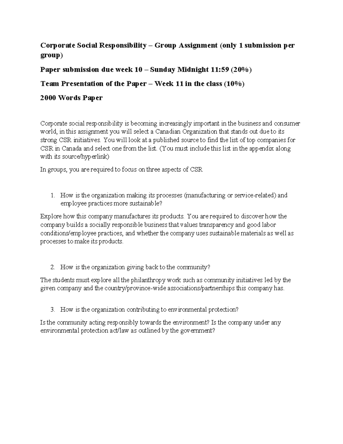 CSR group Assignment 02 - Corporate Social Responsibility – Group Assignment (only 1 submission ...