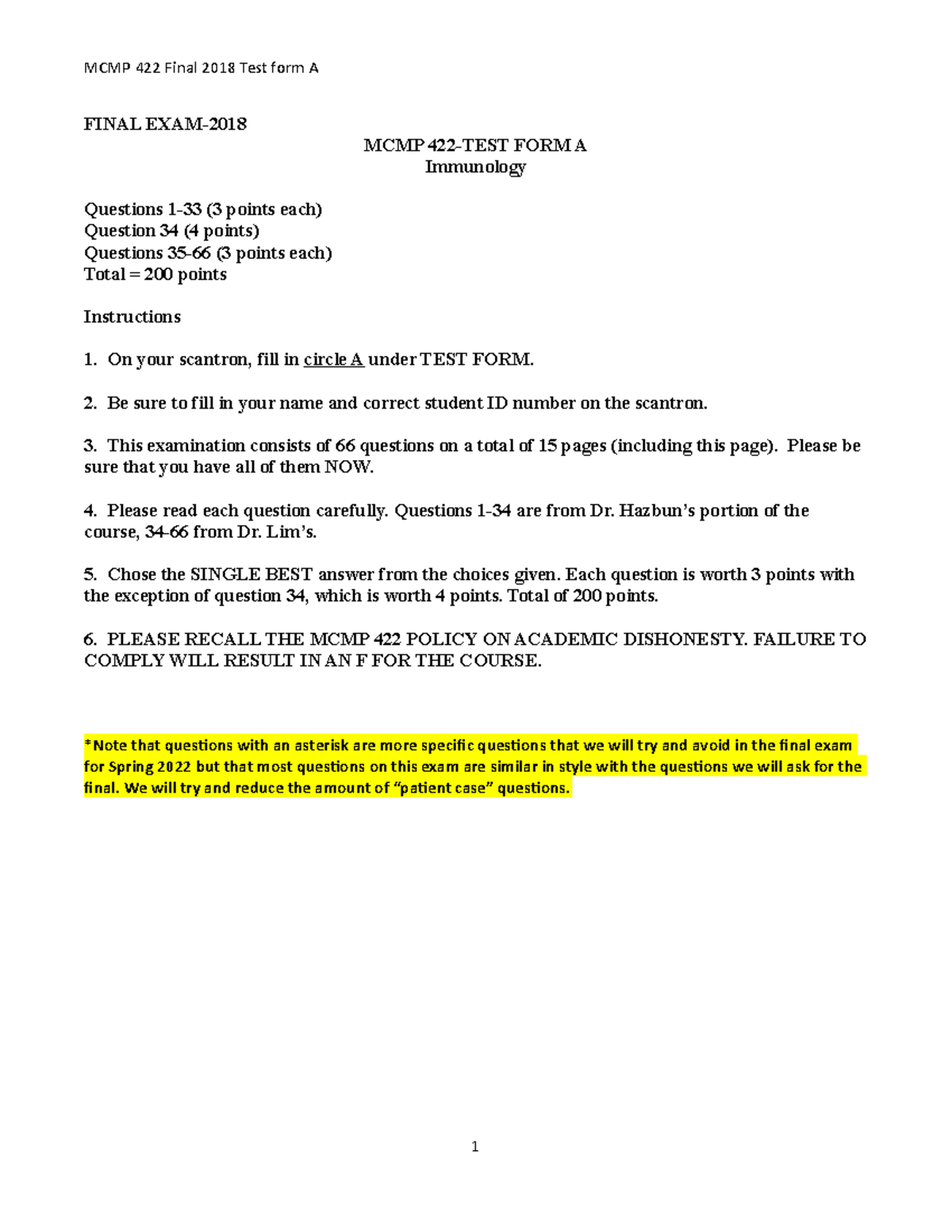 Final MCMP422 2018 FORM A Key - FINAL EXAM- MCMP 422-TEST FORM A ...