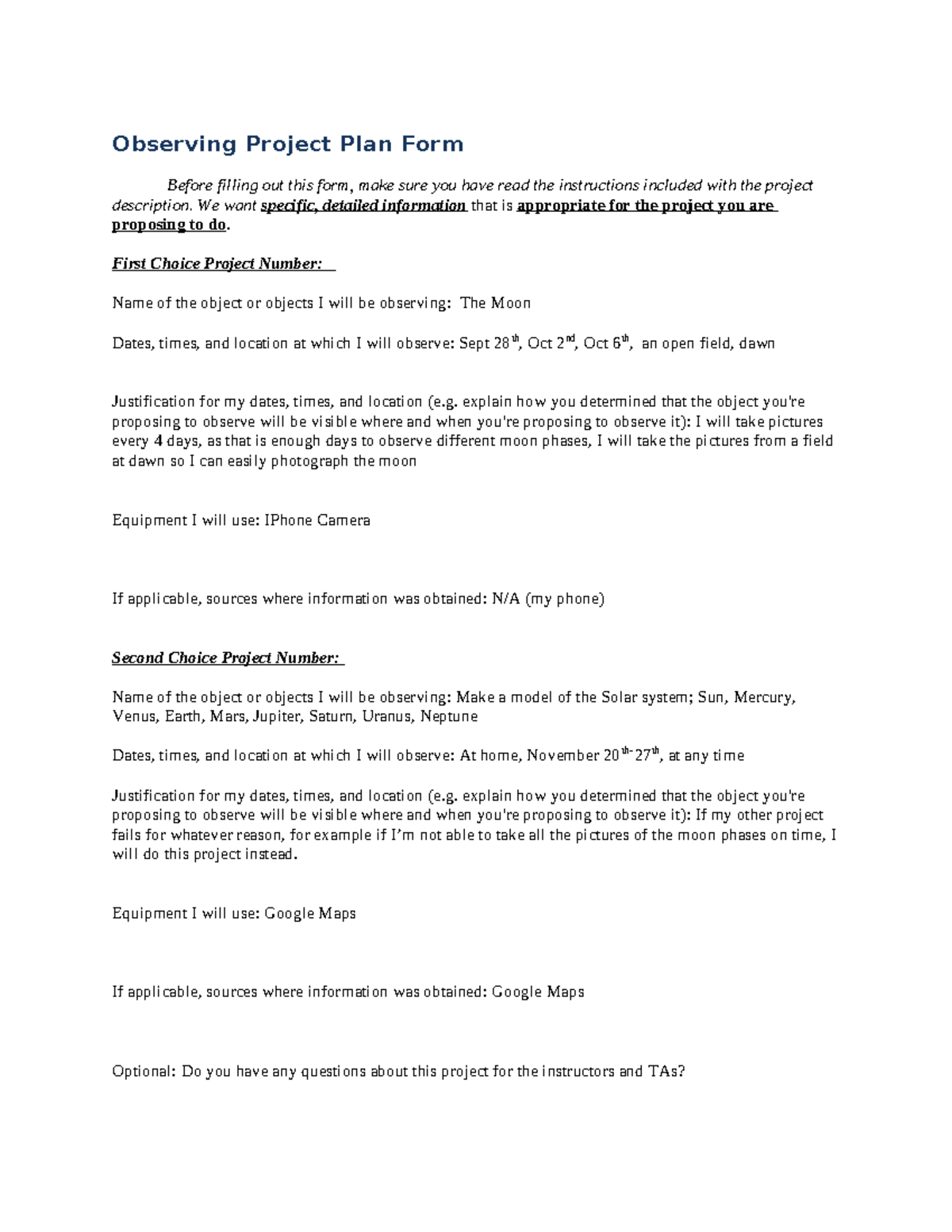 AST101 fall2022 observing project plan form - Observing Project Plan Form Before filling out ...