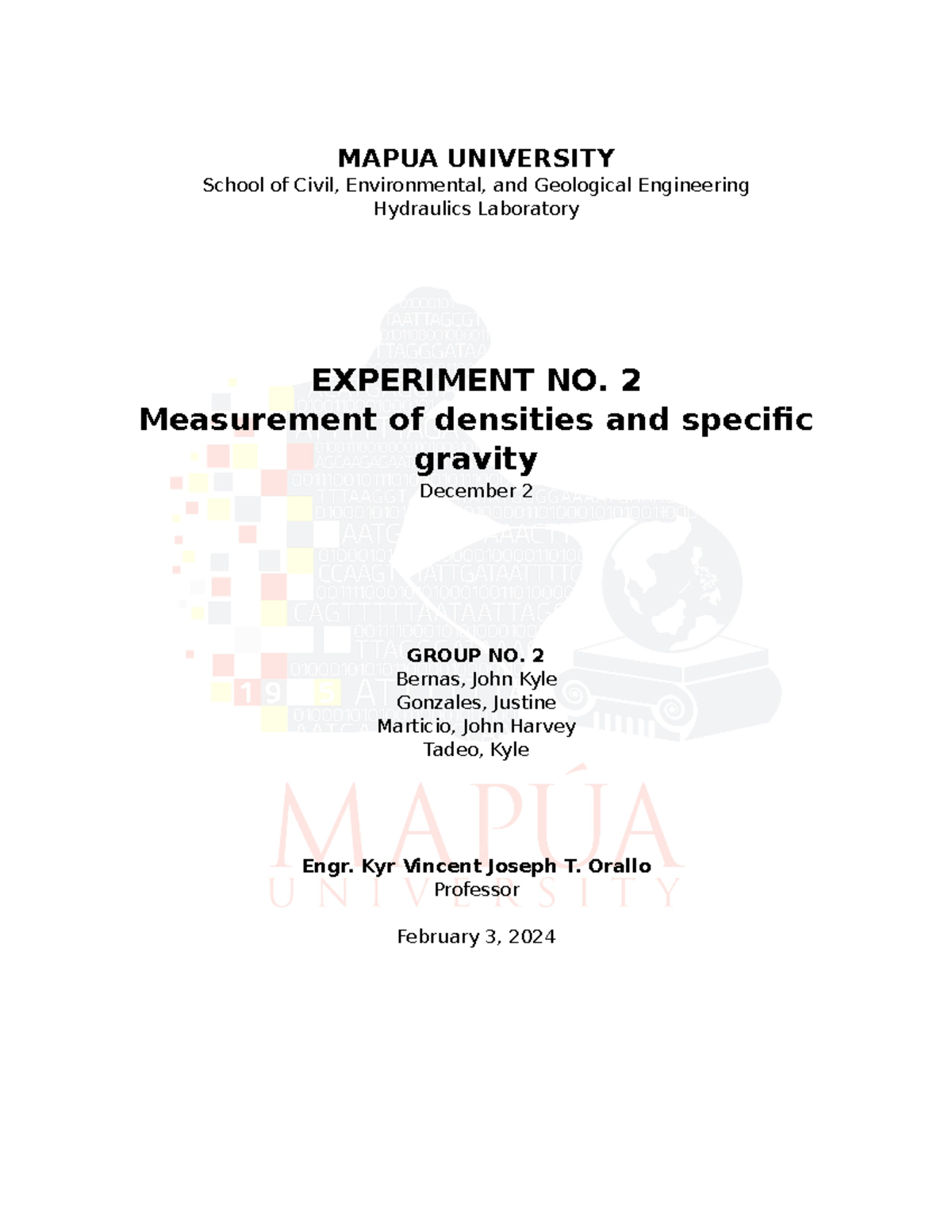 Exp 2 Title Page - HYDRAULICS AND GEOTECHNICAL ENGINEERING - MAPUA ...
