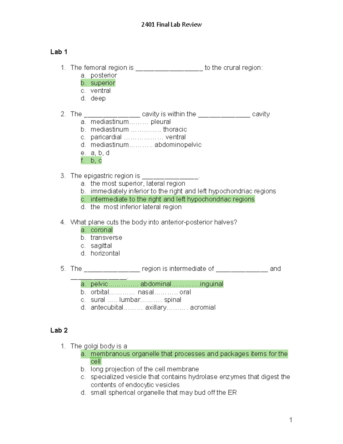 Anatomy Lab Quiz Questions - Studocu