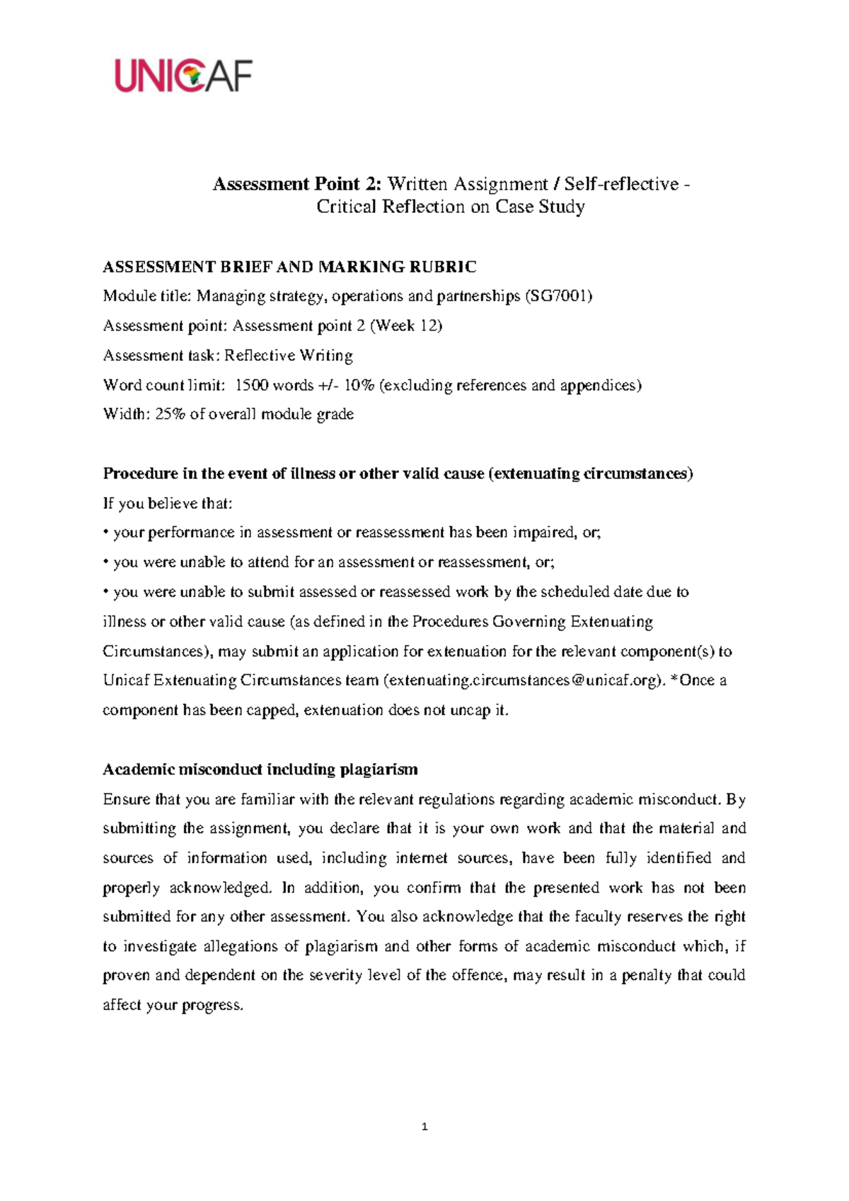 Assessment Brief for Assesment Point 2 - Reflective Writing ...