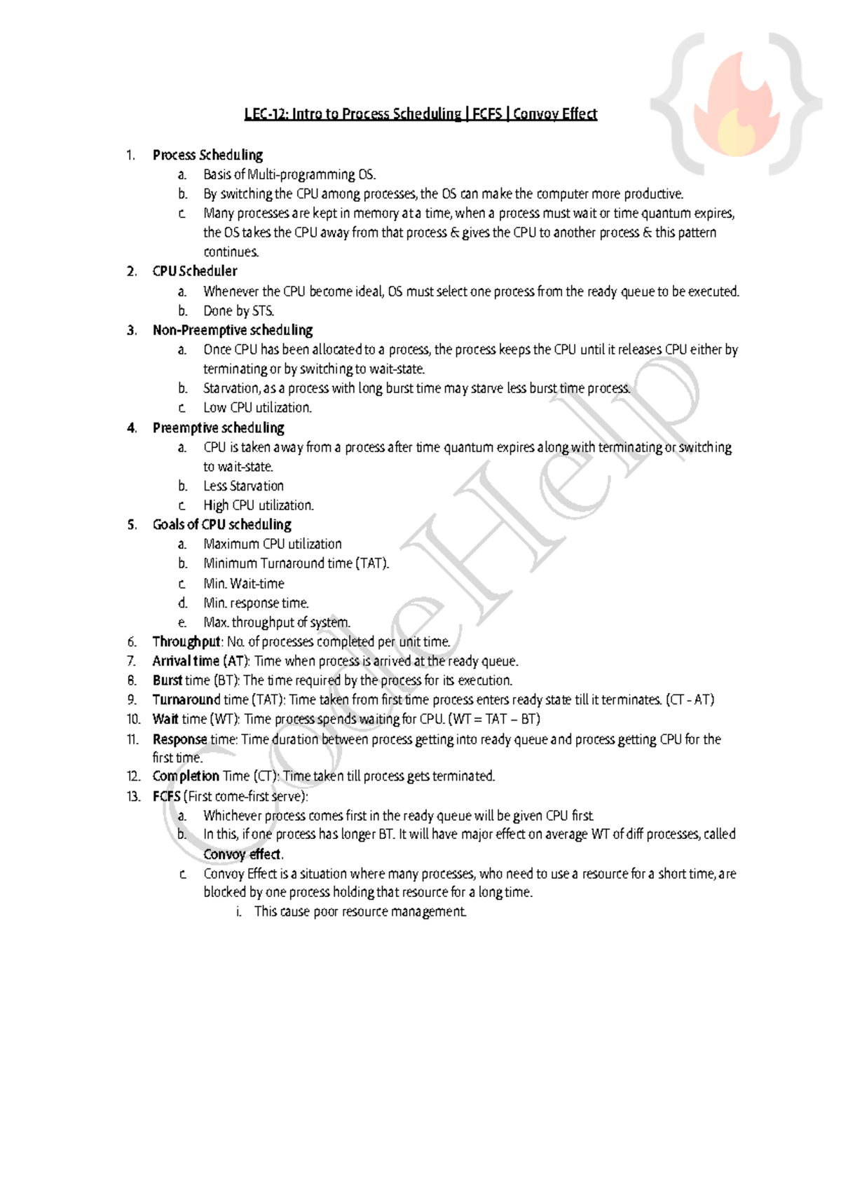 Lec-12 Notes - gate note - LEC-12: Intro to Process Scheduling | FCFS ...