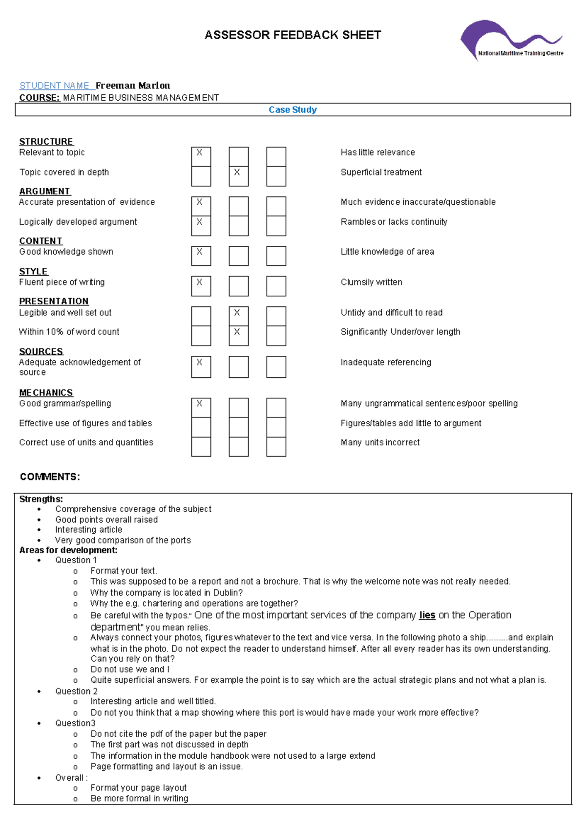 ASF - Case Study Freeman Marlon - ASSESSOR FEEDBACK SHEET STUDENT NAME ...