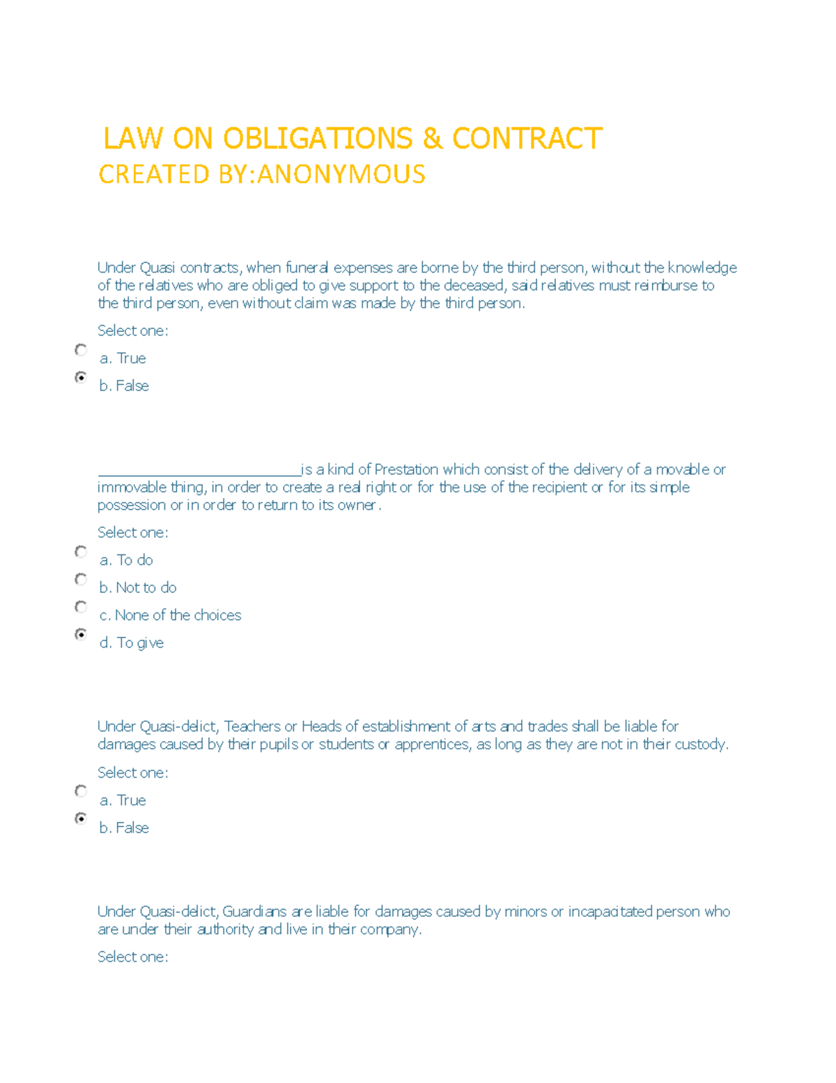 Law-answers - KEY ANSWER - LAW ON OBLIGATIONS & CONTRACT CREATED BY ...