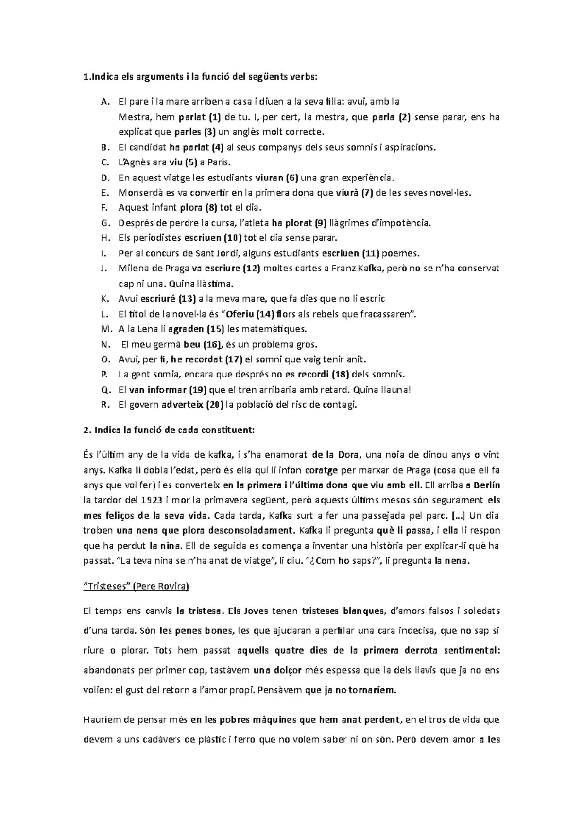 Simulacre Examen Català - 1 els arguments i la funció del següents ...