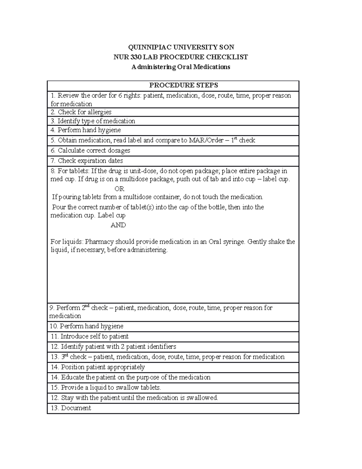 Administering Oral Meds Procedure Sheet 2022 - QUINNIPIAC UNIVERSITY ...
