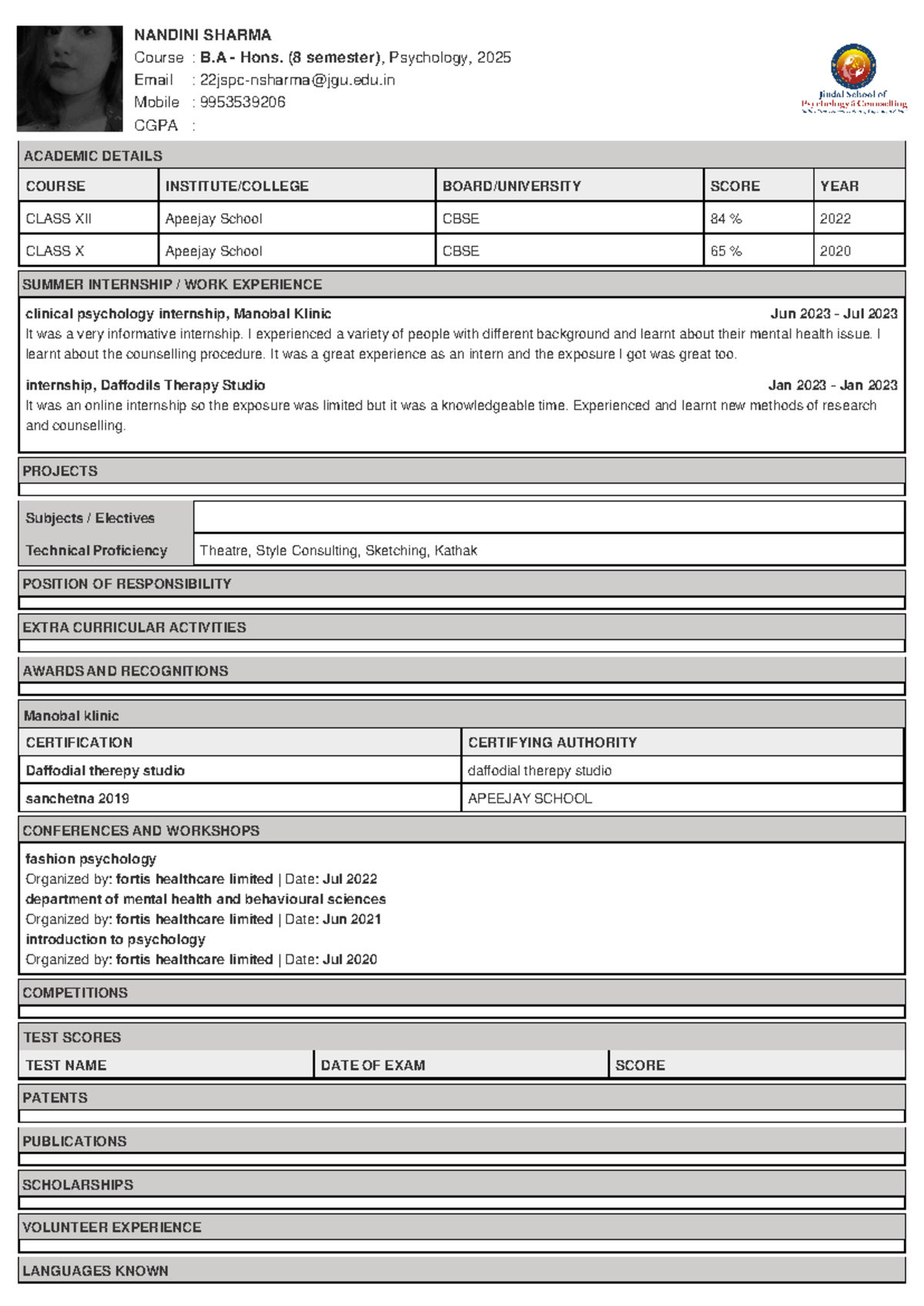 MAIN Resume - Course : Email : 22jspc-nsharma@jgu.edu Mobile : 9953539206 CGPA : NANDINI SHARMA ...