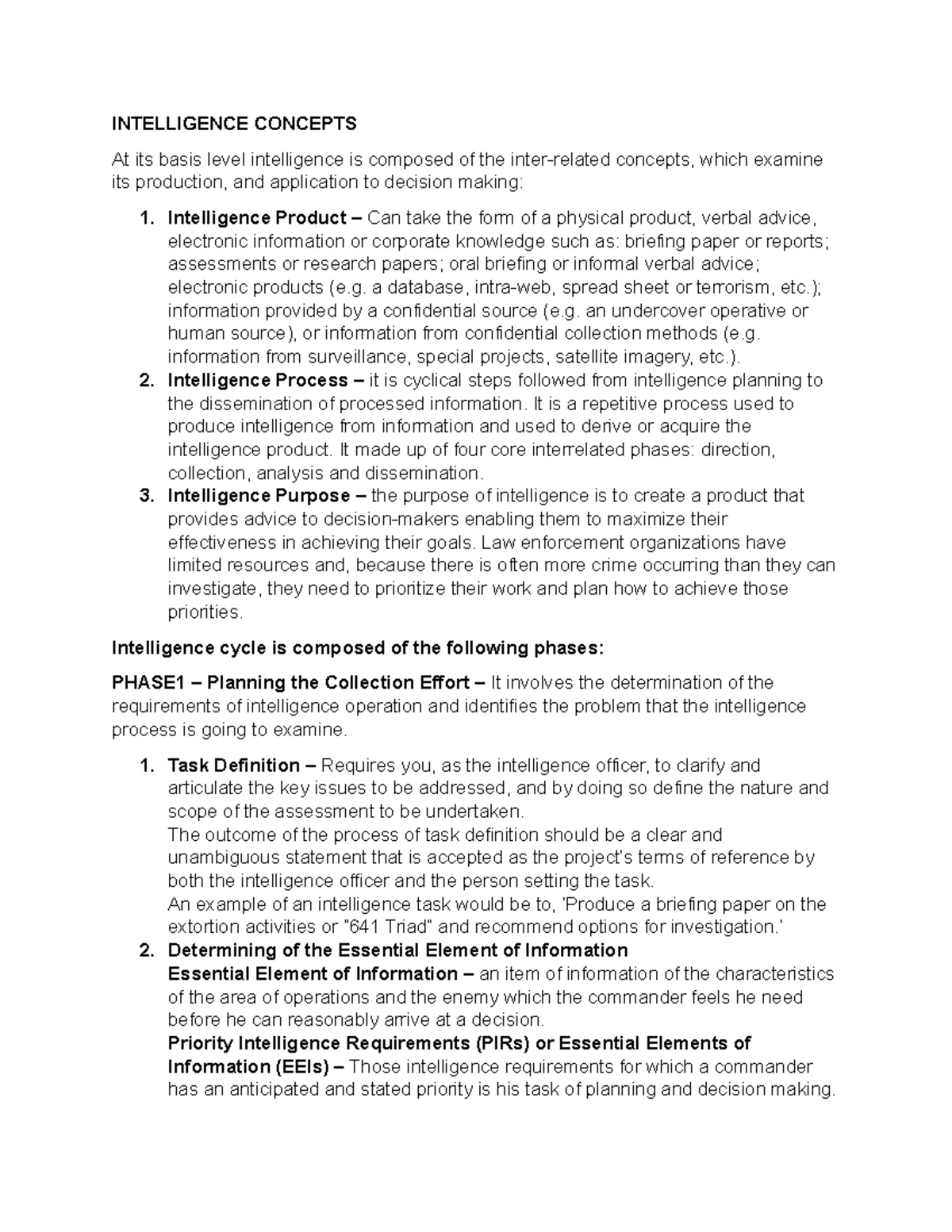 Intelligence Concepts Notes - INTELLIGENCE CONCEPTS At its basis level ...