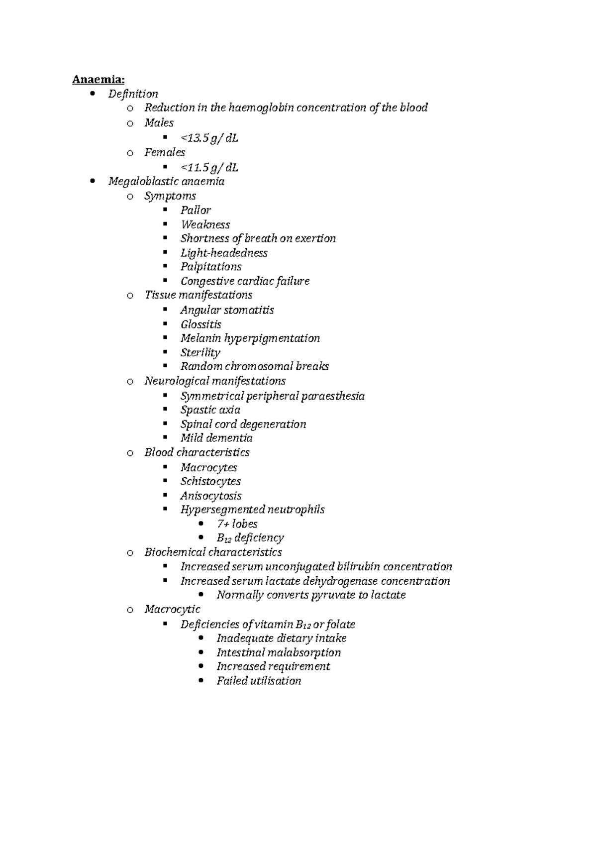 Anaemia Lecture Notes - Anaemia: Definition o Reduction in the ...