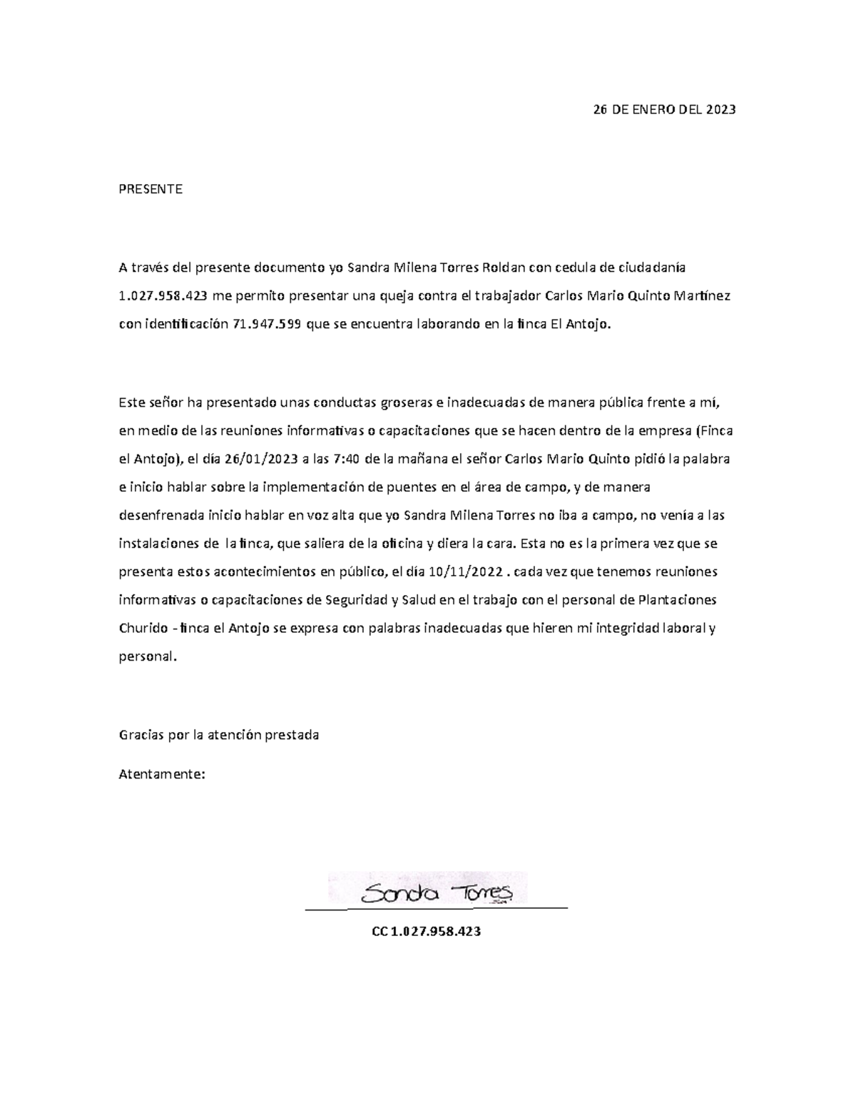 Carta - 26 DE ENERO DEL 2023 PRESENTE A través del presente documento ...