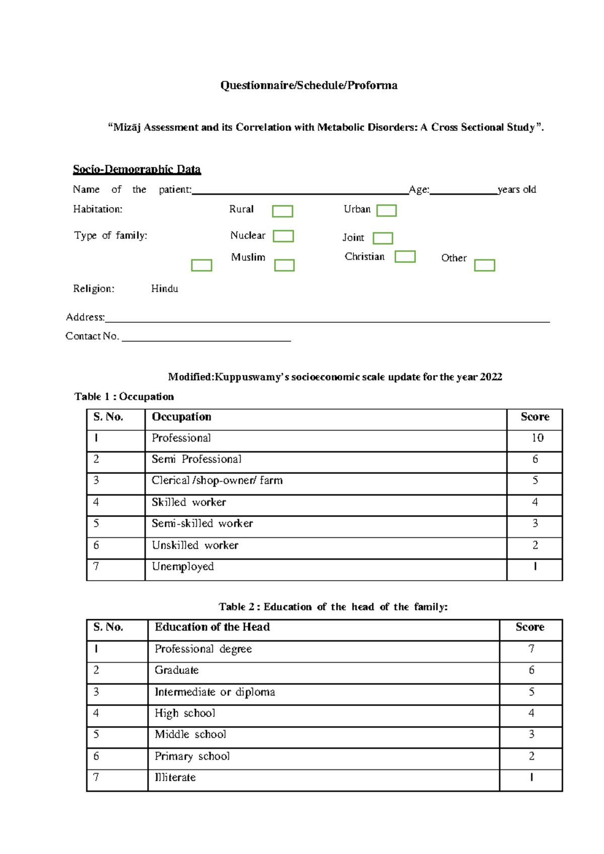 Ethical questionnaire 9150 - Questionnaire/Schedule/Proforma “Mizāj ...