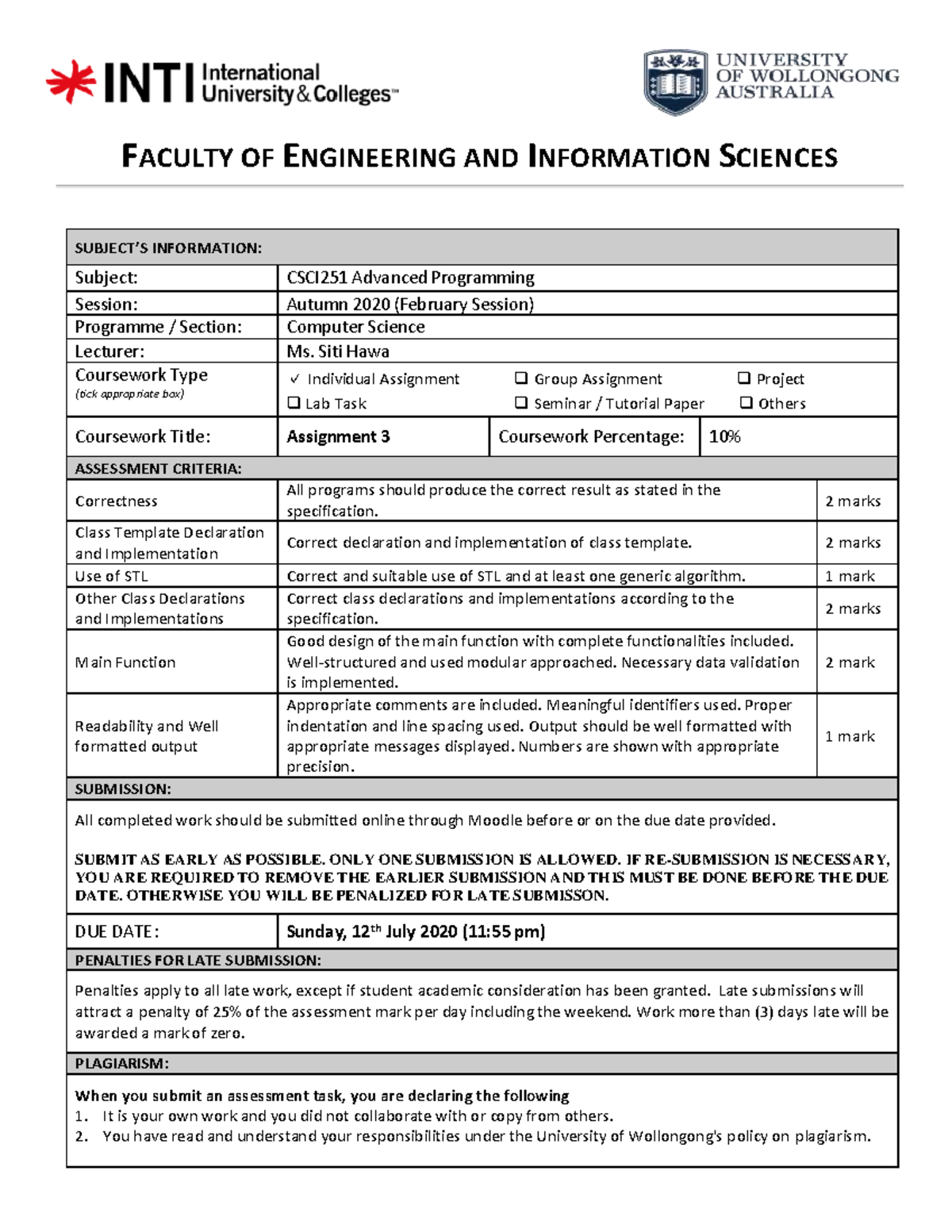 CSCI251-Assignment 3 - Assignment about templates - FACULTY OF ...