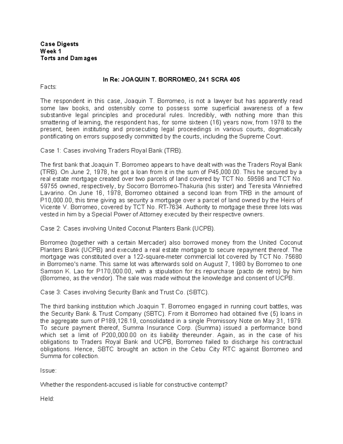 Case Digests Week 1 - Summary Torts and Damages - Case Digests Week 1 Torts and Damages In Re ...