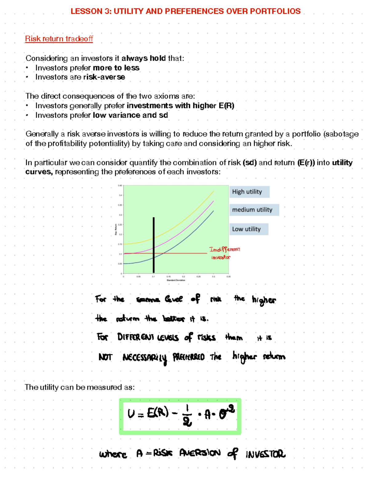 Lesson 3 Utility and Preferences - LESSON 3: UTILITY AND PREFERENCES OVER PORTFOLIOS Risk return ...