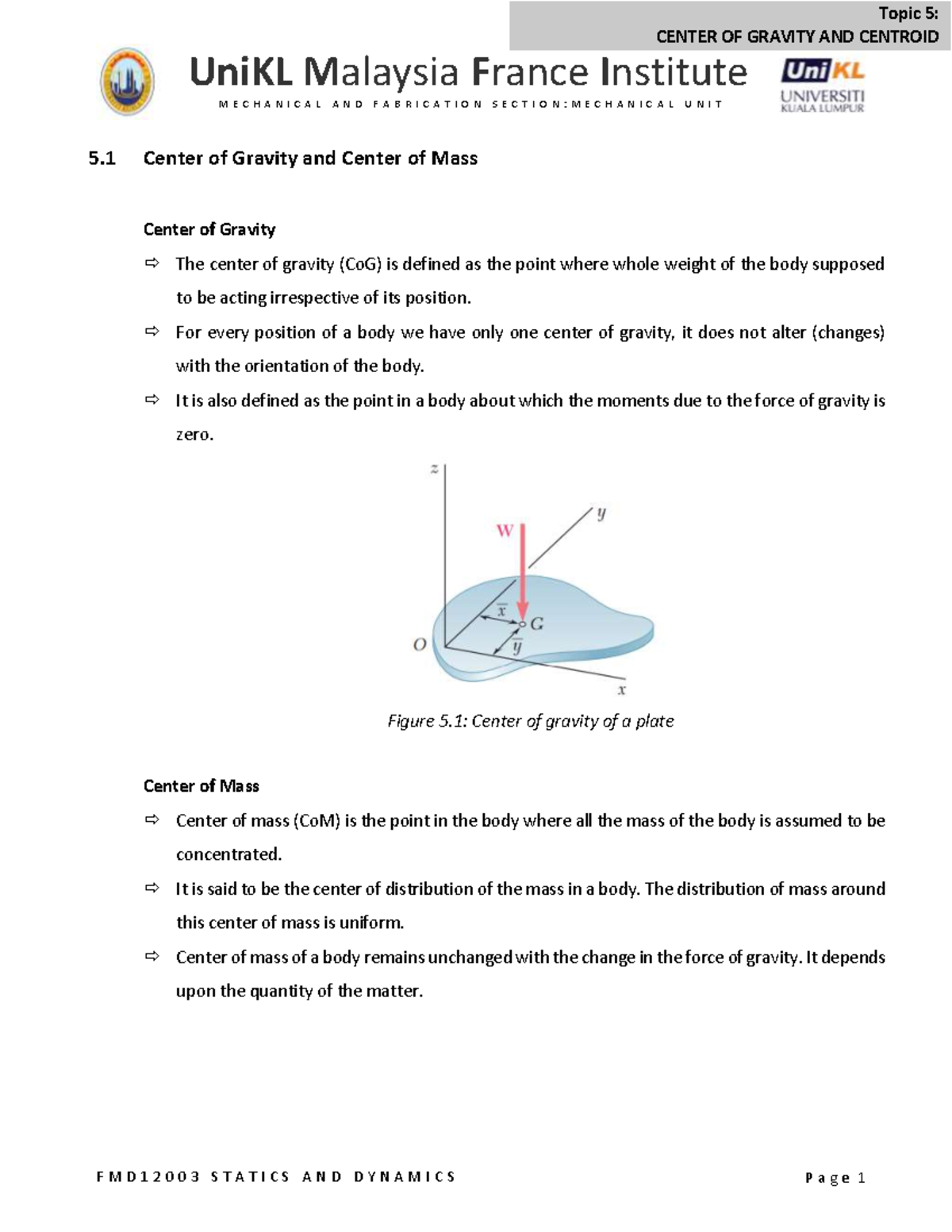 5. Center of Gravity and Centroid - UniKL Malaysia France Institute M E C H A N I C A L A N D F ...