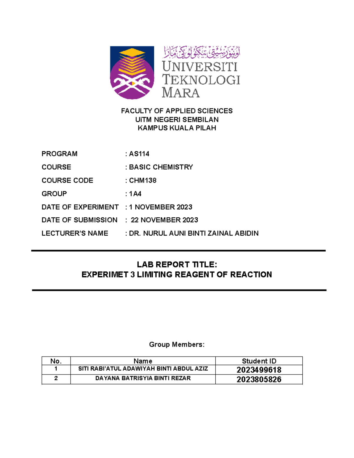 LAB Report EX3 CHM138 - question - FACULTY OF APPLIED SCIENCES UiTM NEGERI SEMBILAN KAMPUS KUALA ...