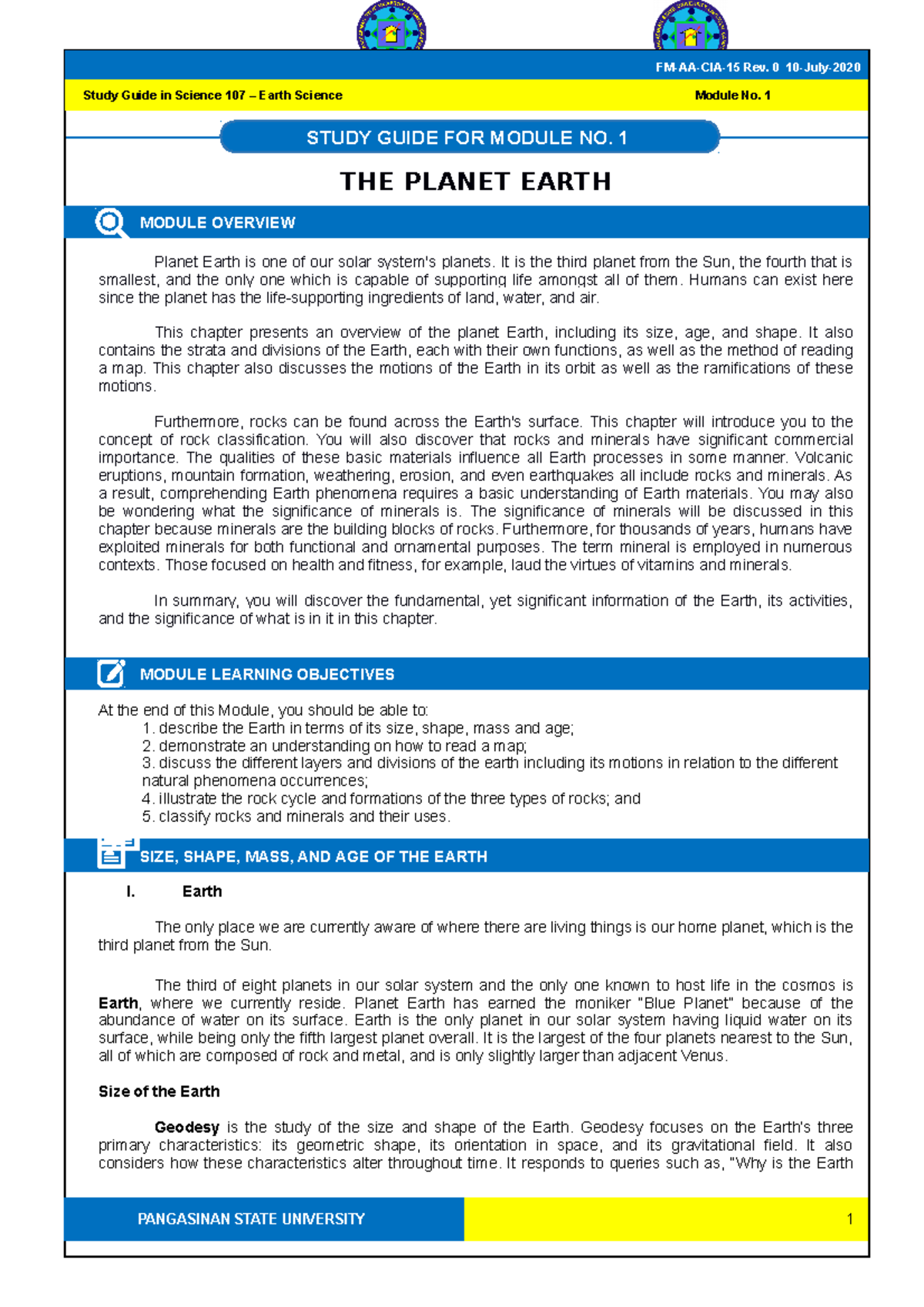 Study Guide 1 - Environmenal Science - THE PLANET EARTH MODULE OVERVIEW ...