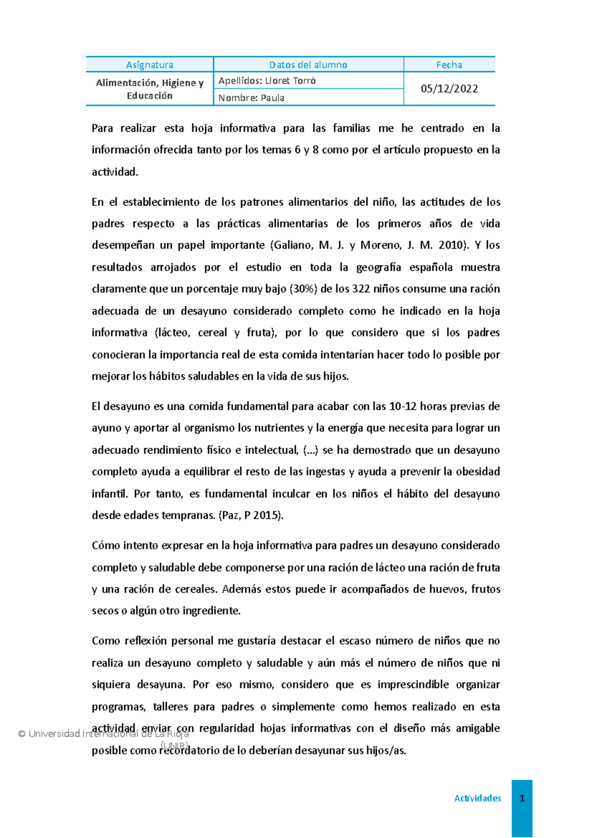 Actividad - Hoja informativa para las familias sobre la importancia del ...