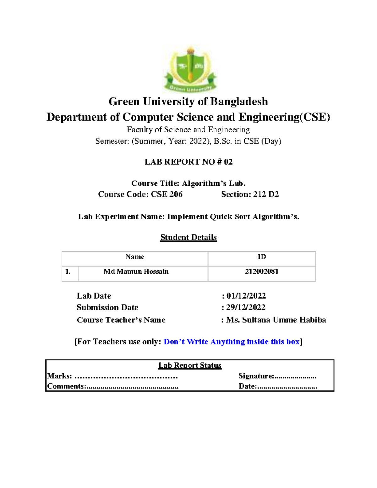 Quick Sort - lab report - Green University of Bangladesh Department of Computer Science and ...