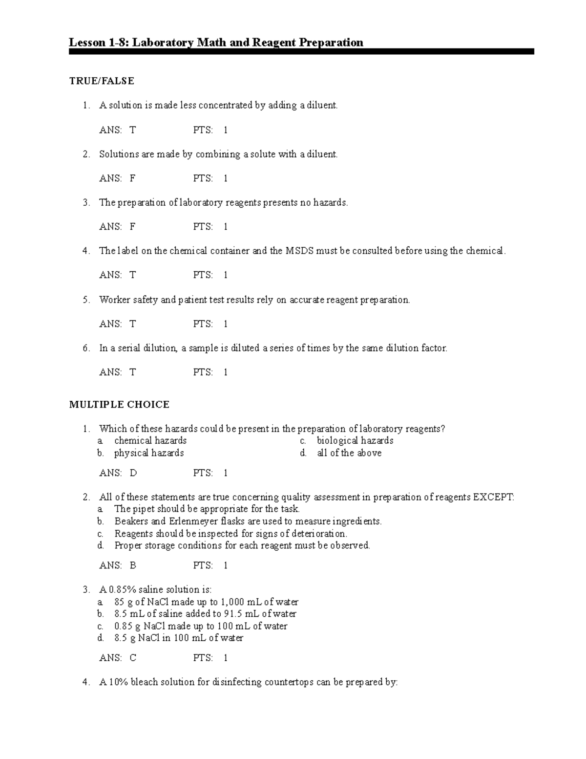 L1-8 - Questions Answers - Lesson 1-8: Laboratory Math and Reagent ...