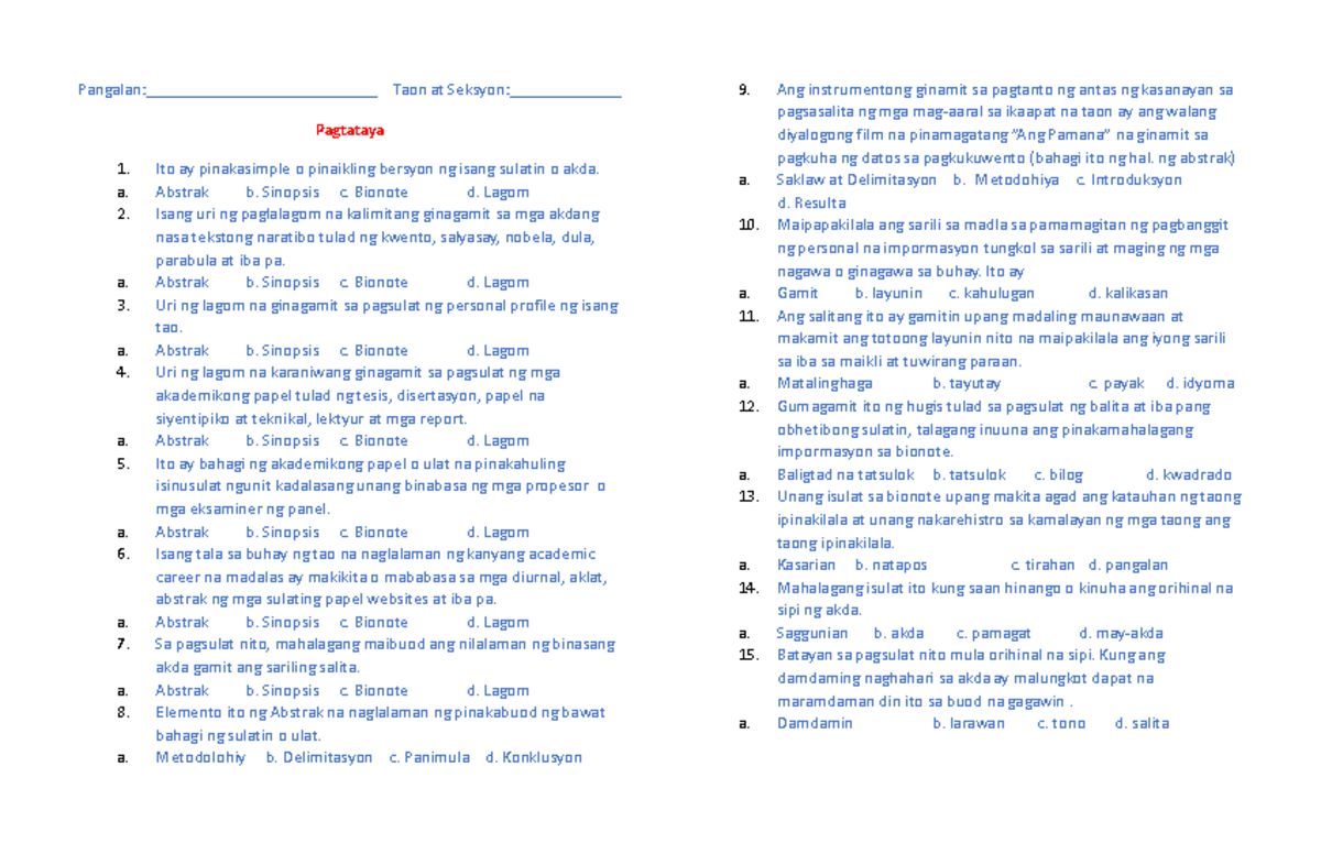 Filipino sa piling larang- quiz 2 - Pangalan ...