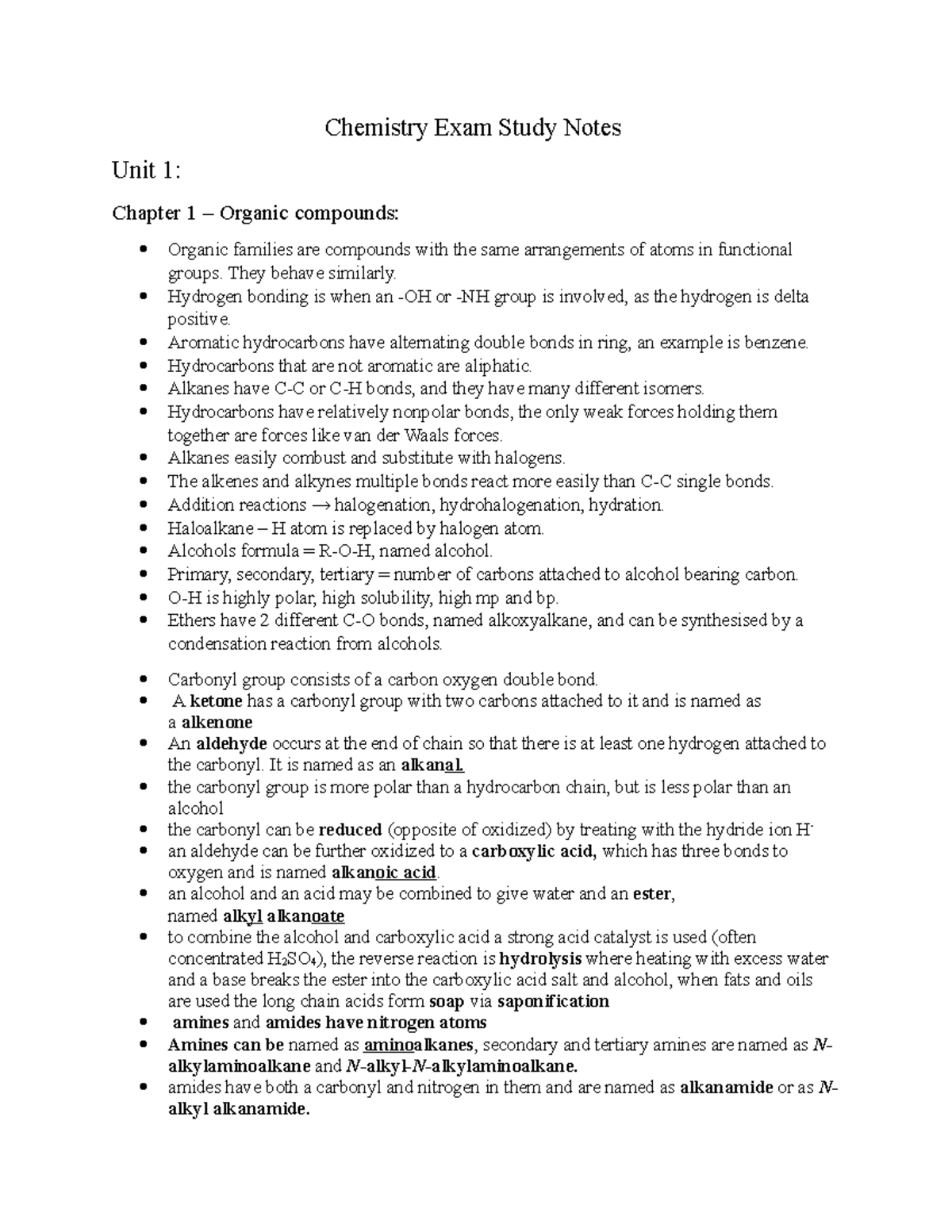 Chem notes - Chemistry Exam Study Notes Unit 1: Chapter 1 – Organic ...