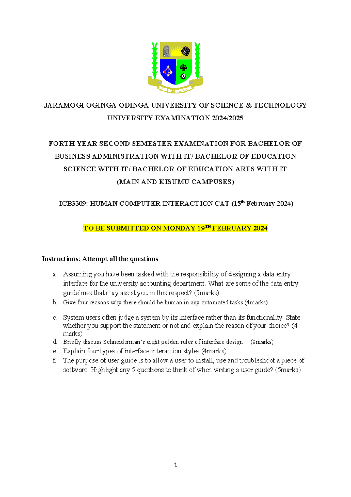 ICB3309 Human Computer Interaction CAT - K JARAMOGI OGINGA ODINGA UNIVERSITY OF SCIENCE & - Studocu