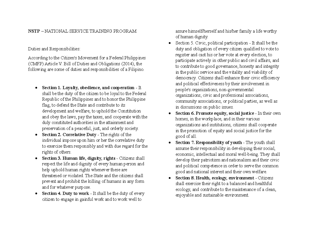 NSTP Reviewer - NSTP – NATIONAL SERVICE TRAINING PROGRAM Duties and ...