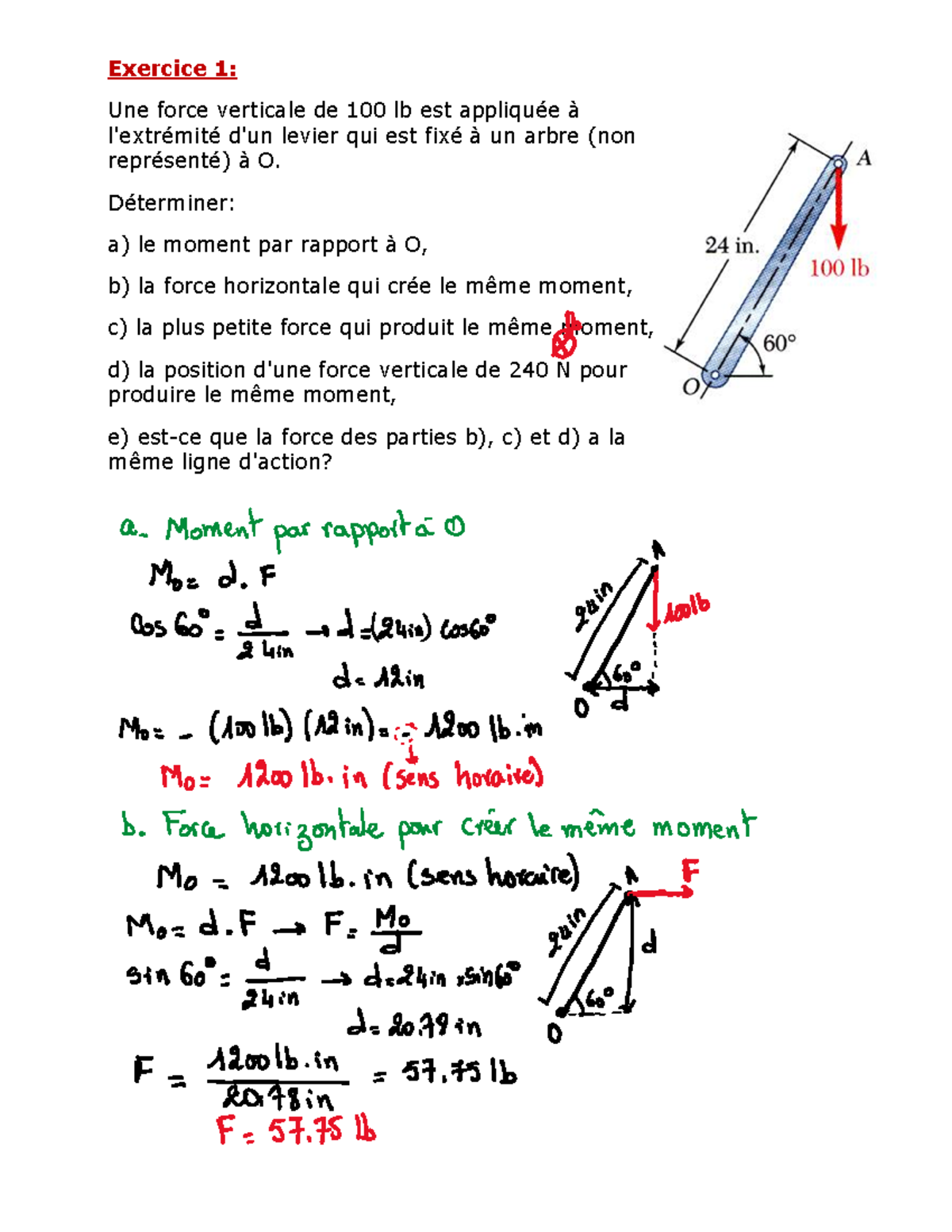 Exercices - Moment autour d'un point - ([HUFLFH 8QH IRUFH YHUWLFDOH GH ...