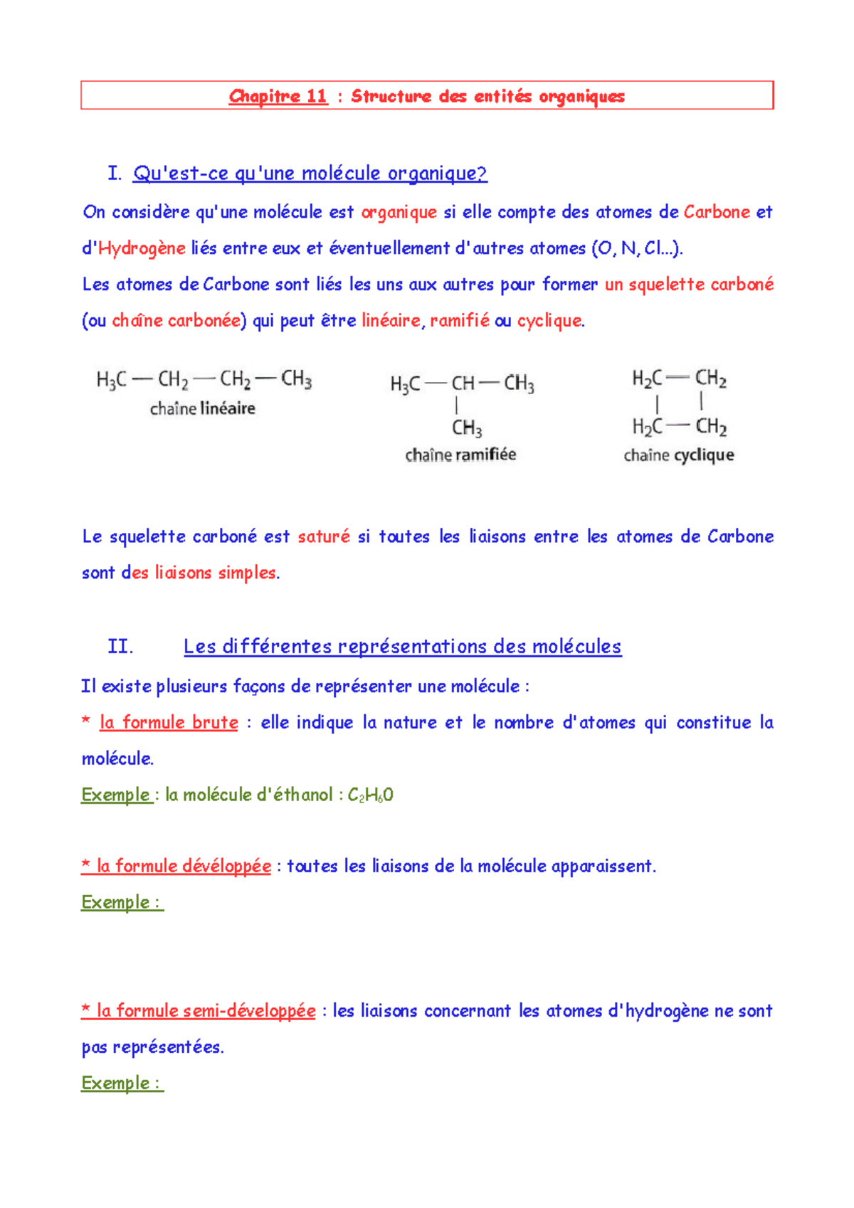 Cours chapitre 11 - Chapitre 11 : Structure des entités organiques I. Qu'est-ce qu'une molécule ...