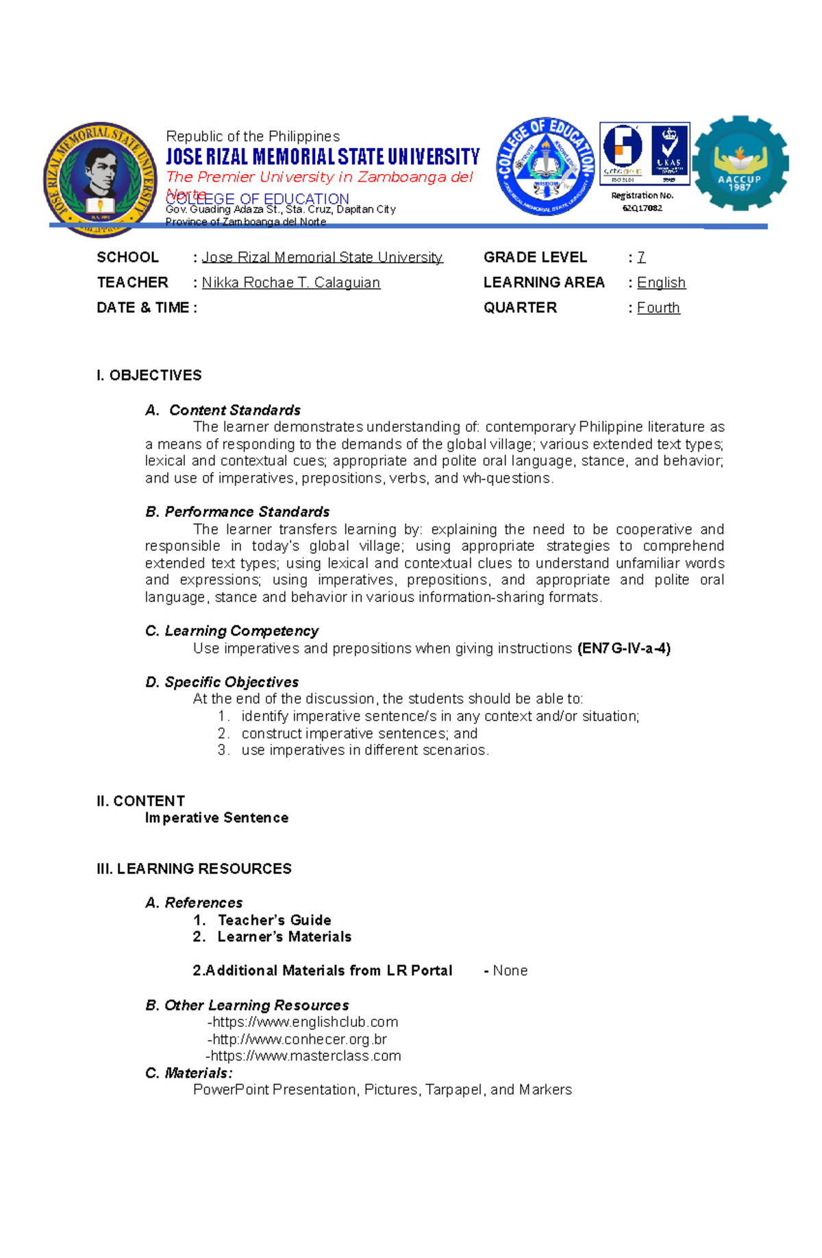 DLP - IMPERATIVE SENTENCE - COLLEGE OF EDUCATION SCHOOL : Jose Rizal ...