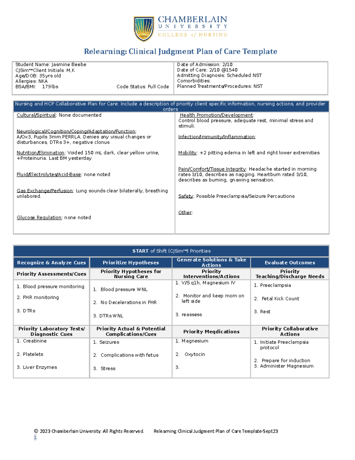 Nr327 Planof Care MK - plan of care - Student Name: Jasmine Beebe CJSim ...