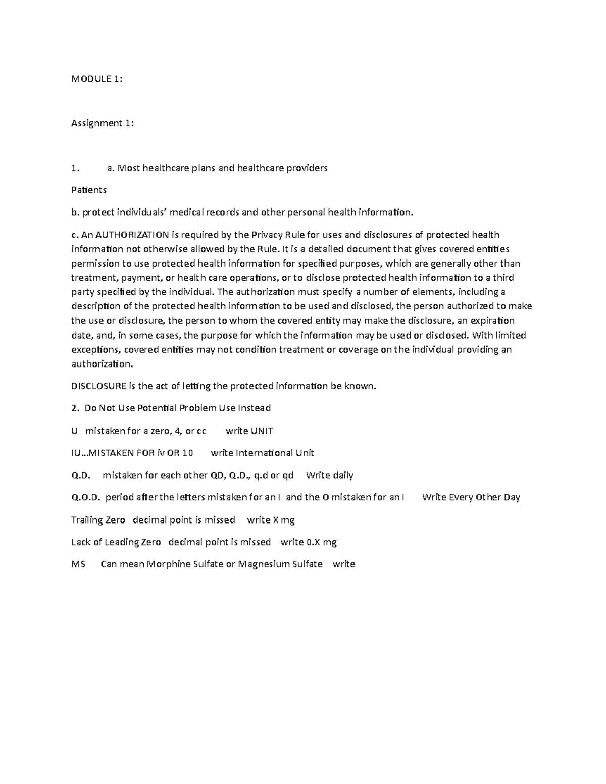Assignment 1 2 - MODULE 1: Assignment 1: a. Most healthcare plans and ...