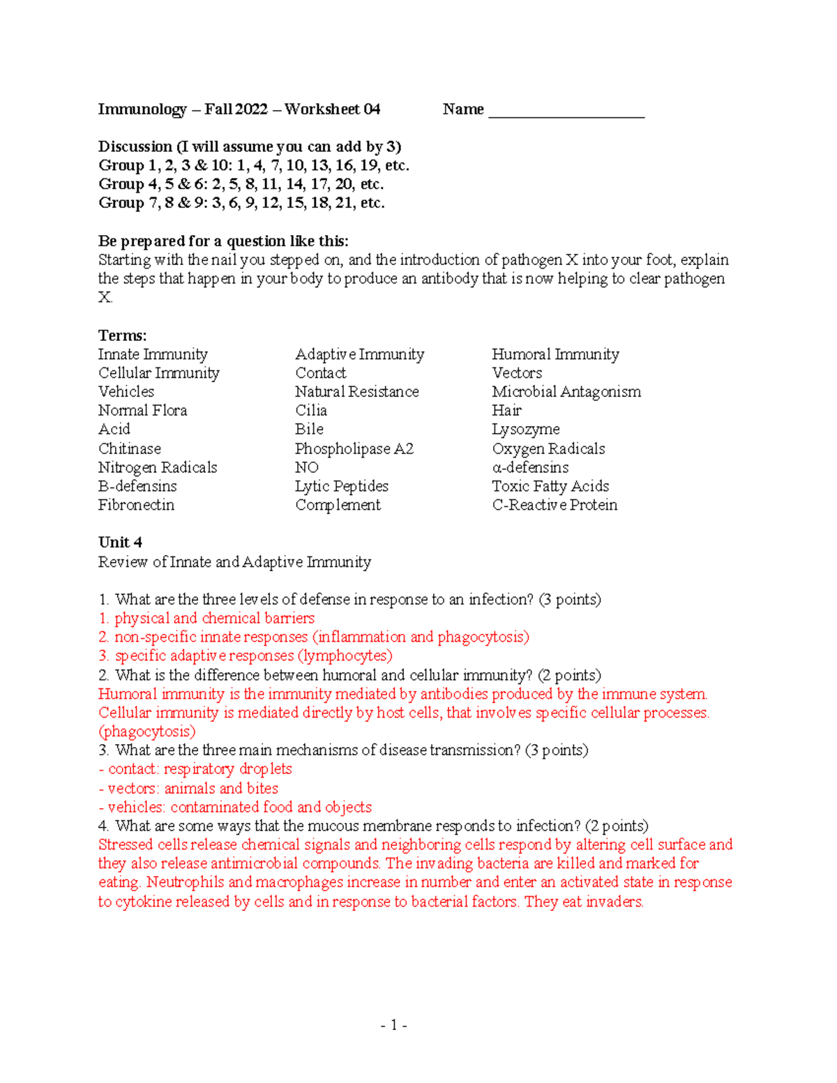 Worksheet 4 - lecture notes over unit 4 - Immunology – Fall 2022 ...