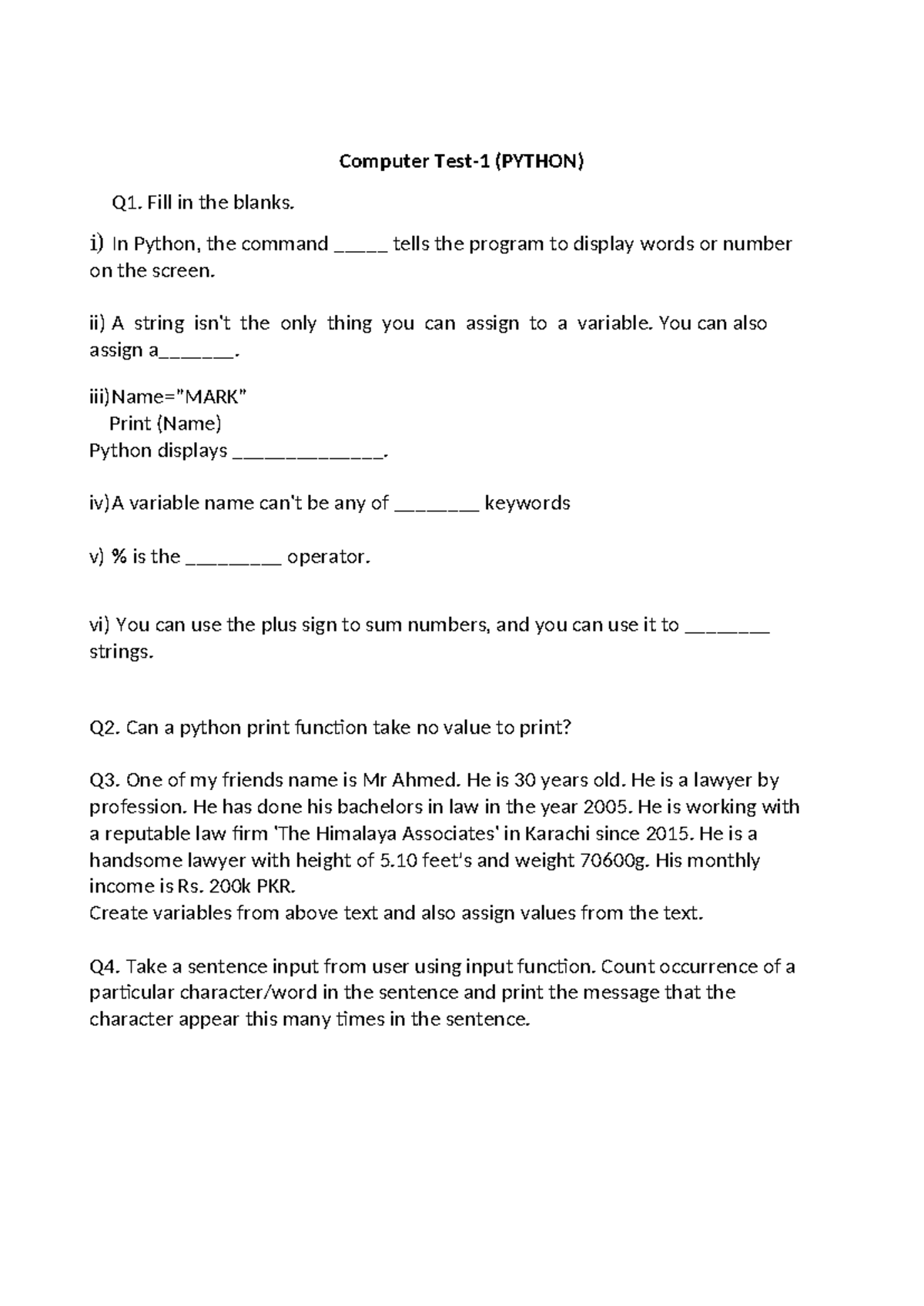 Computer Test-1 python - Computer Test-1 (PYTHON) Q1. Fill in the ...