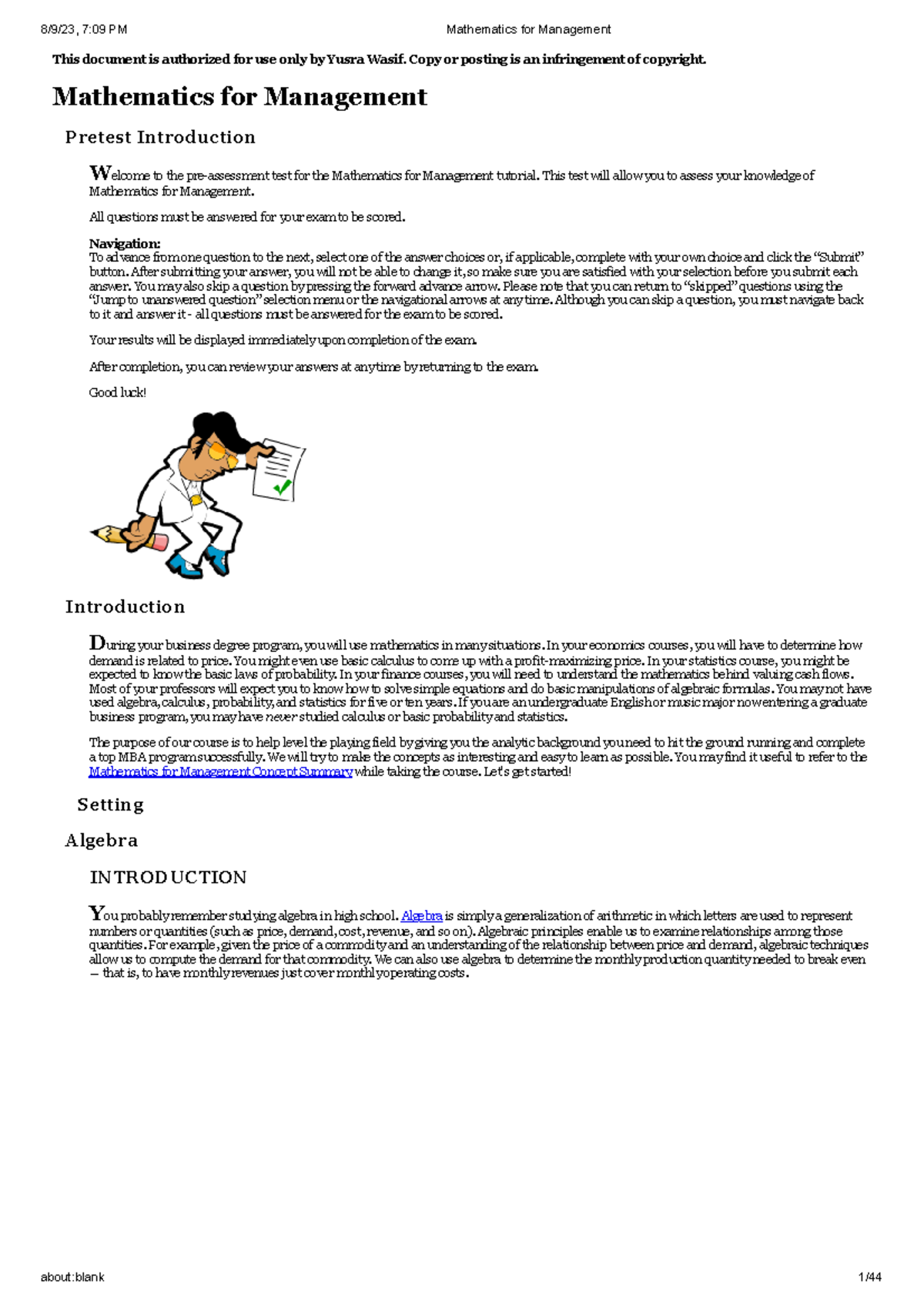 Mathematics for Management - This document is authorized for use only ...