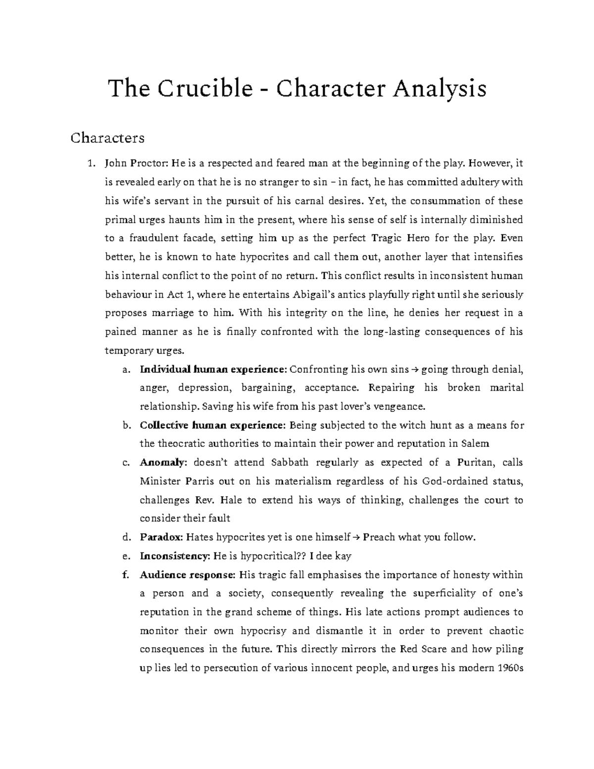 Crucible - Proctor Analysis - The Crucible - Character Analysis ...