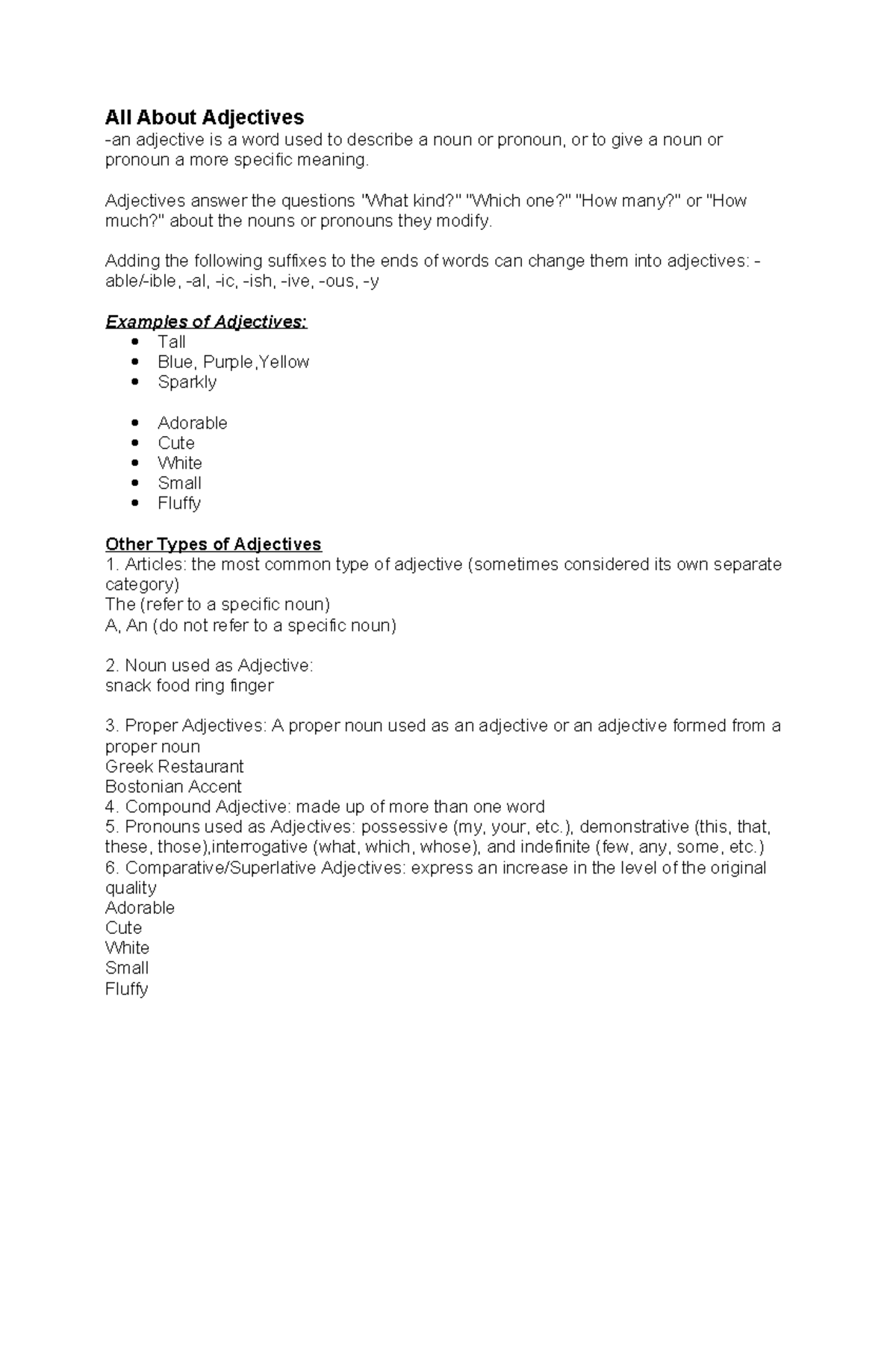 Adjectives - All About Adjectives -an adjective is a word used to ...