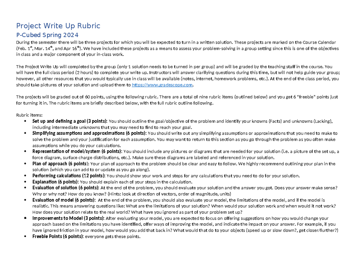 Project Write Up Rubric - Spring 24 - Project Write Up Rubric P-Cubed ...