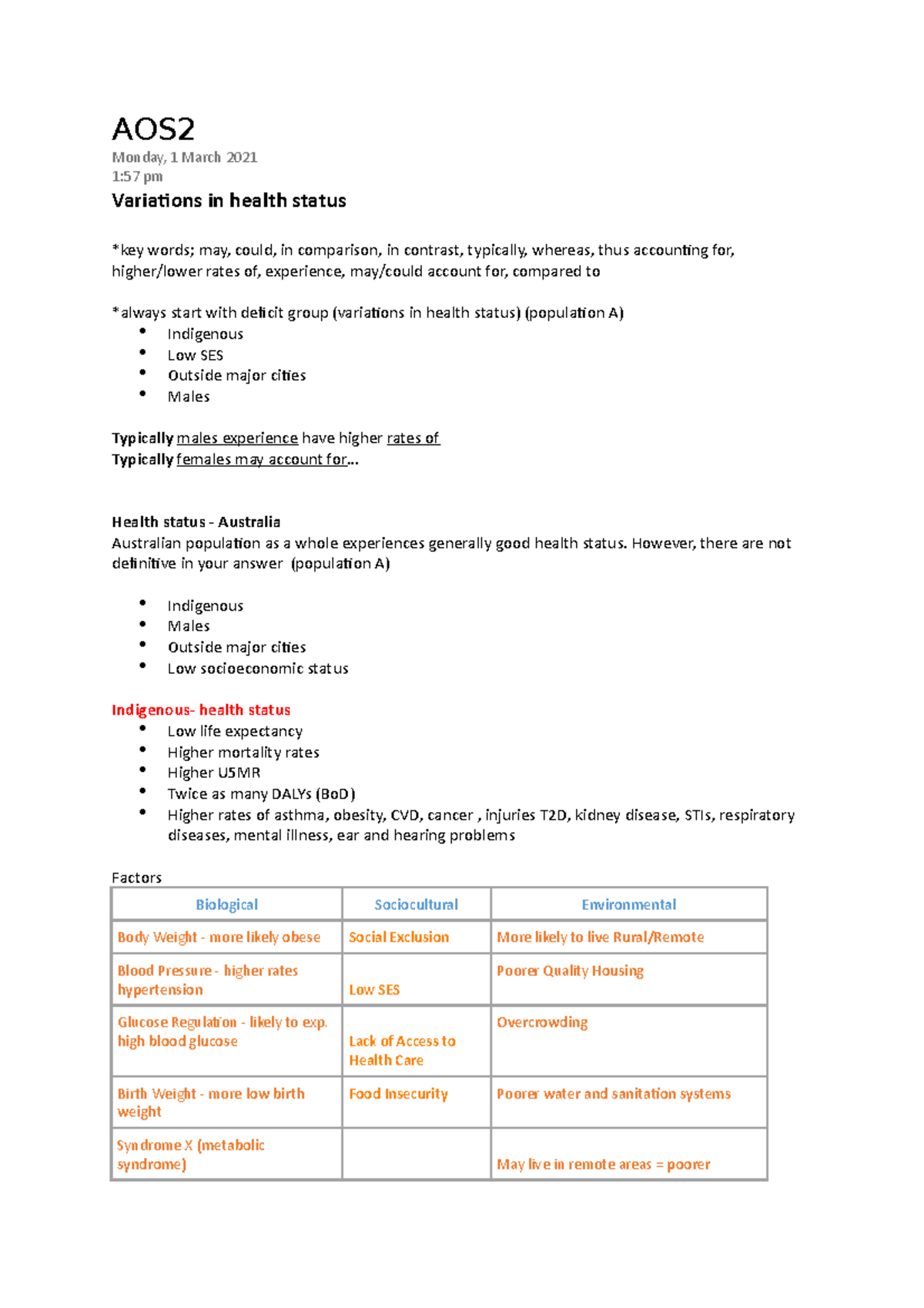 AOS2 health - AOS Monday, 1 March 2021 1:57 pm Variations in health ...