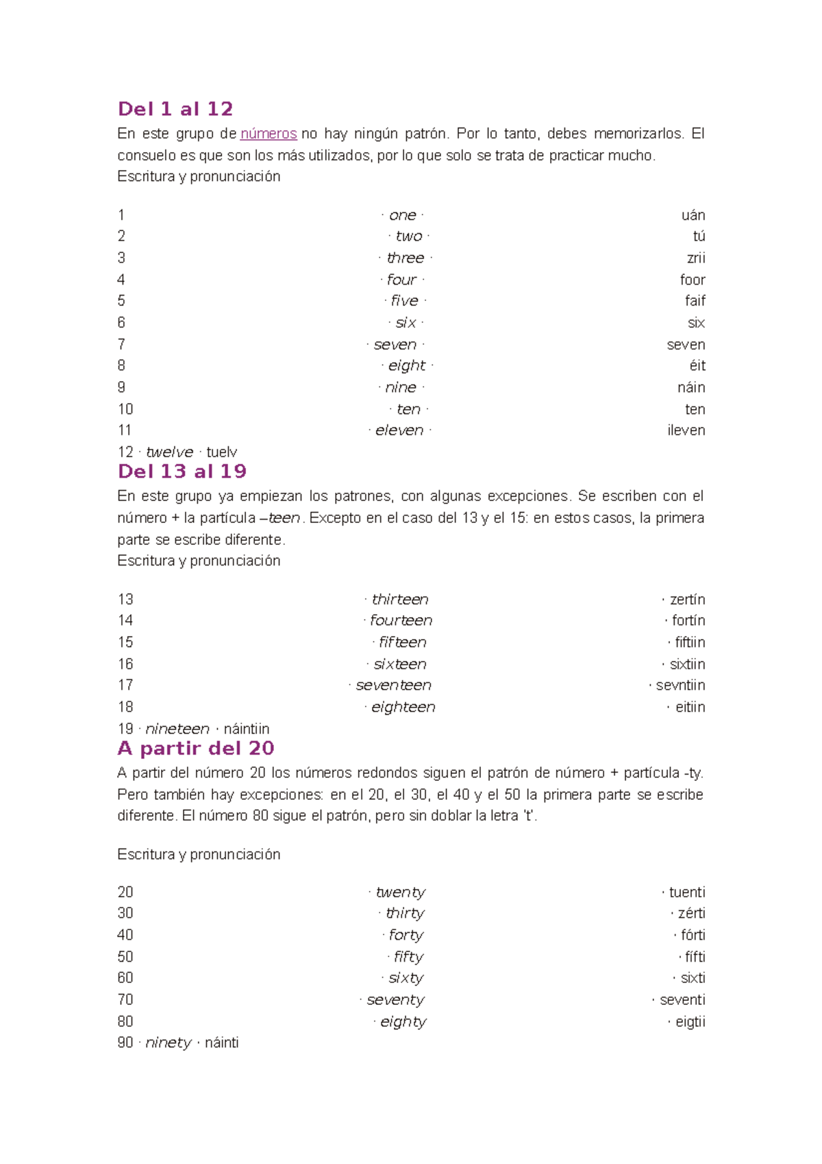 Numeros EN Ingles - Del 1 al 12 En este grupo de números no hay ningún ...