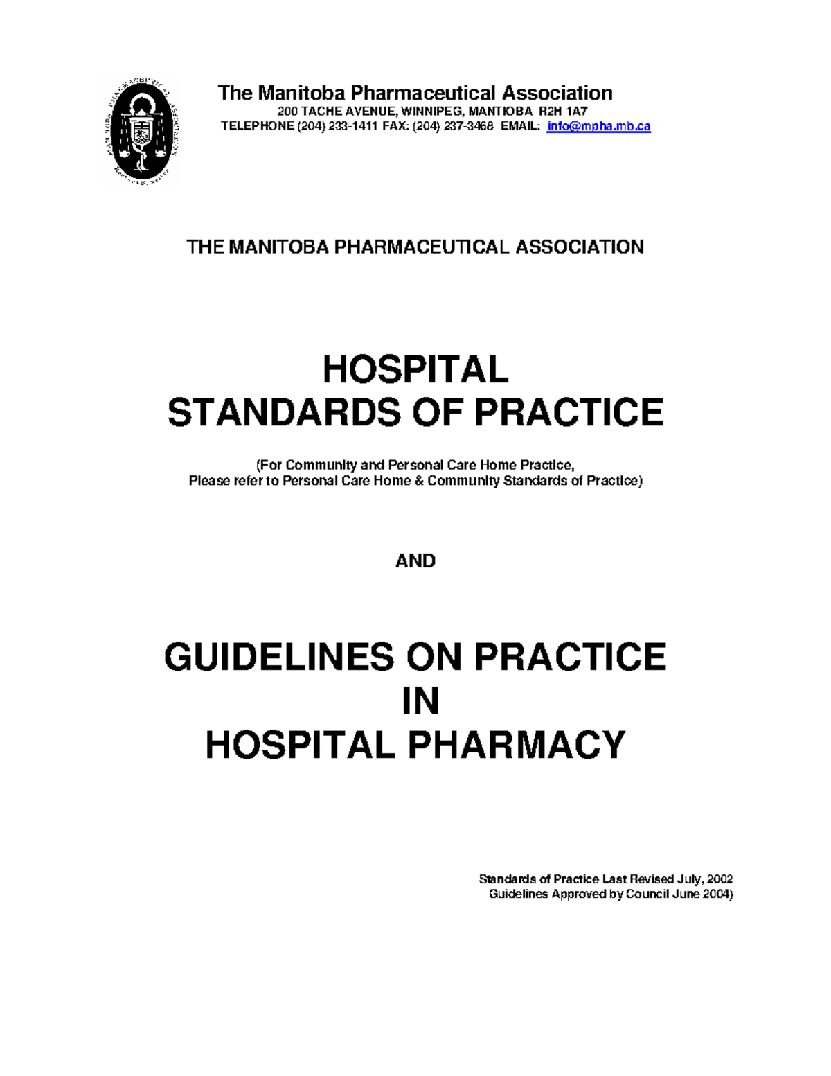 Standards of Practice Hospital - The Manitoba Pharmaceutical ...