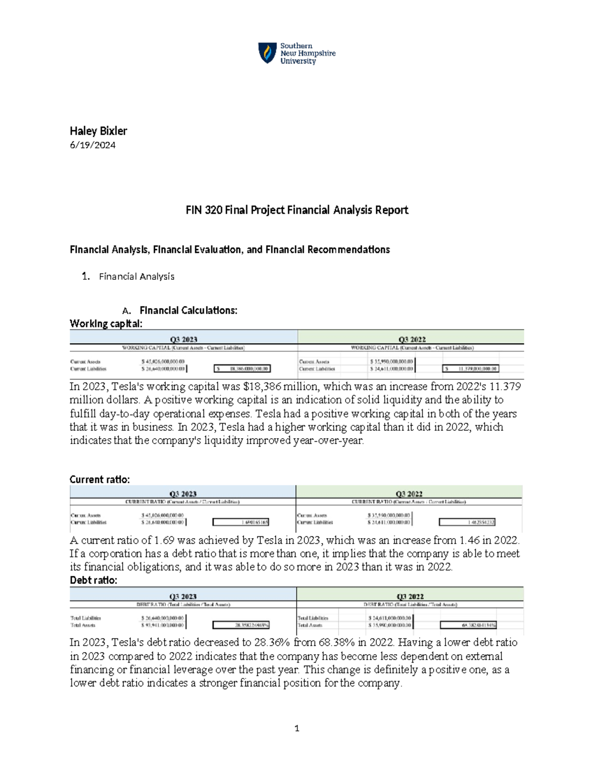 FIN 320 Final Project Financial Analysis Report - Haley Bixler 6/19 ...