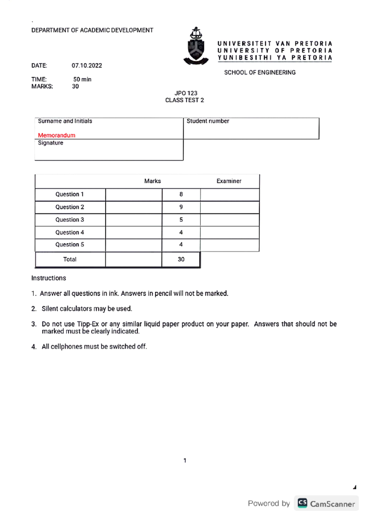 JPO 123 Class test 2 - DEPARTMENT OF ACADEMIC DEVELOPMENT UNIVERSITEIT ...