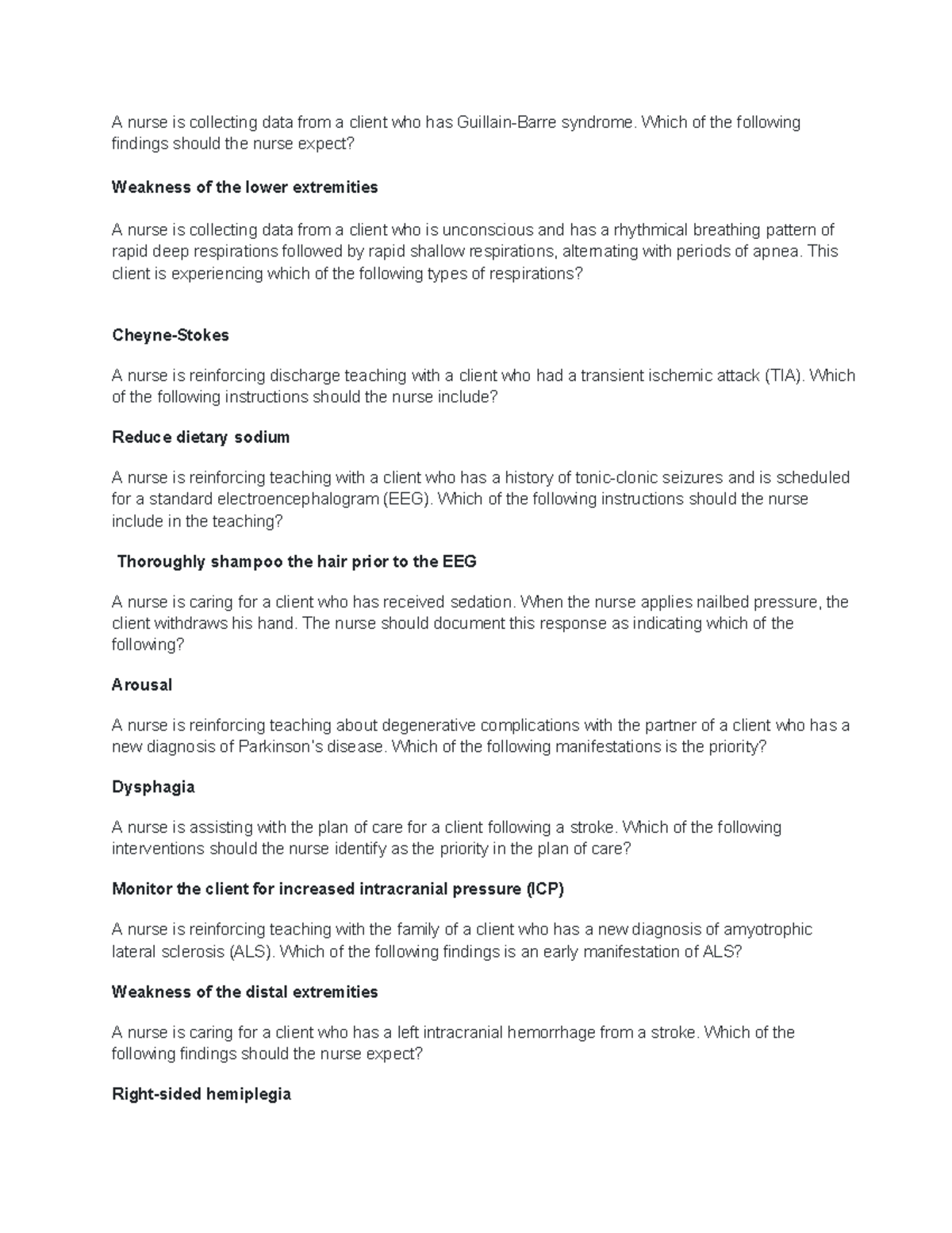 Neuro ATI Easy - ATI Help - A nurse is collecting data from a client ...