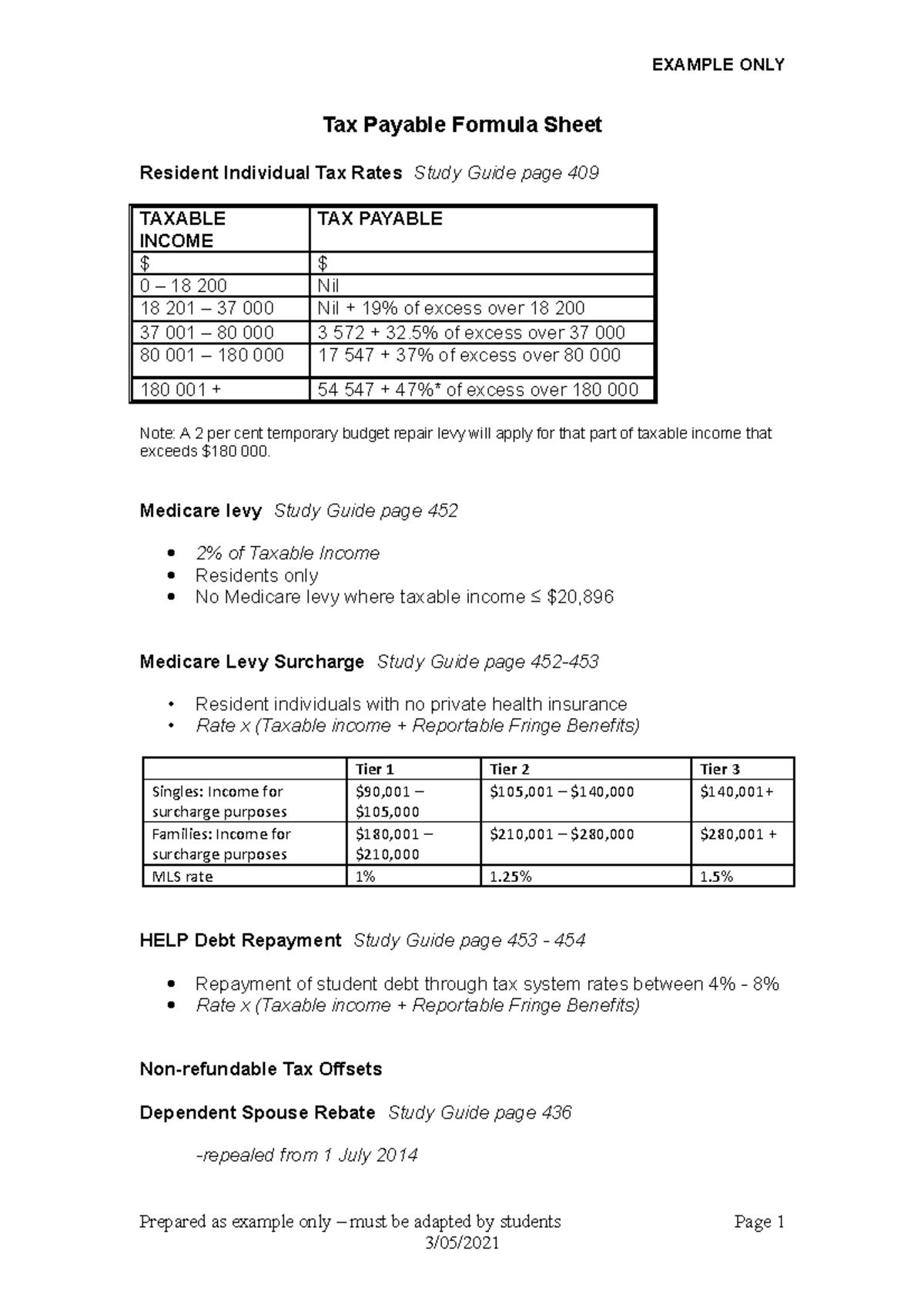 Tax Payable Summary - Example Only - EXAMPLE ONLY Tax Payable Formula ...