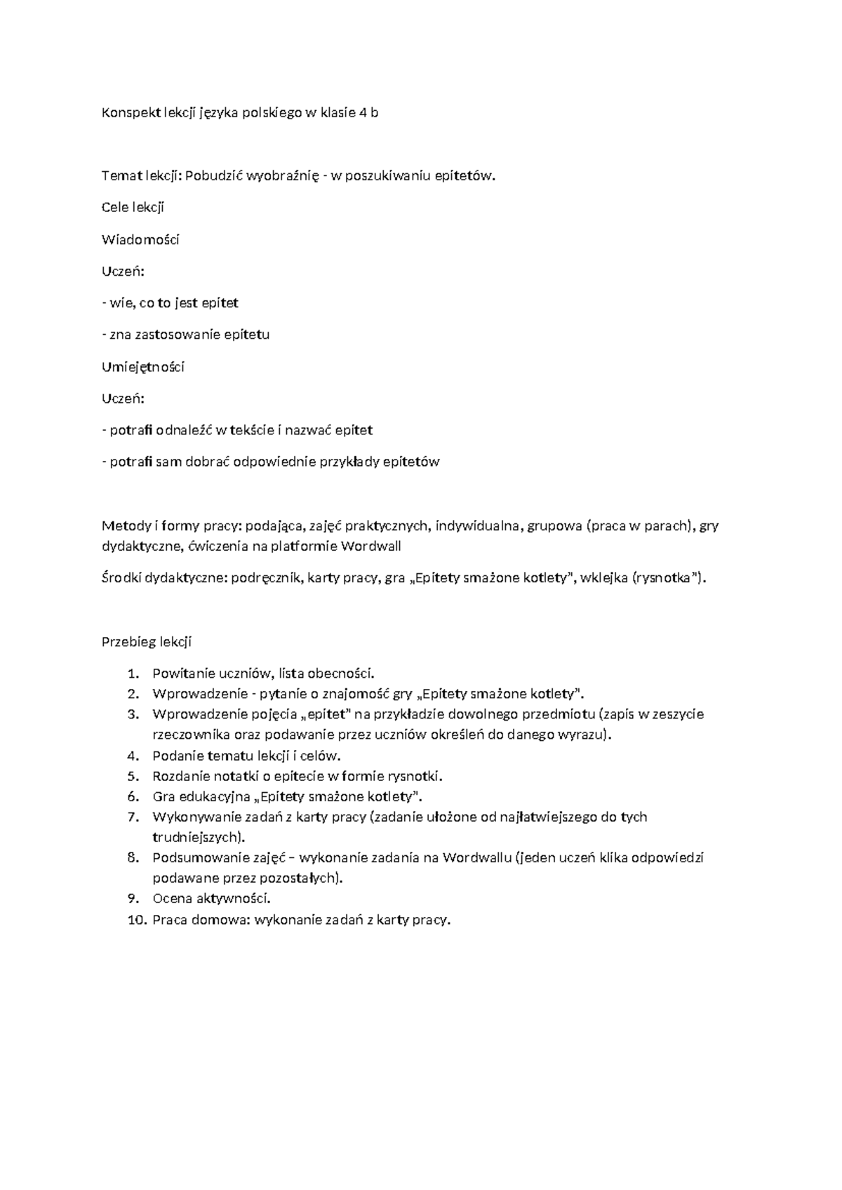 Epitety 4 b - sprawdzian - Konspekt lekcji języka polskiego w klasie 4 ...