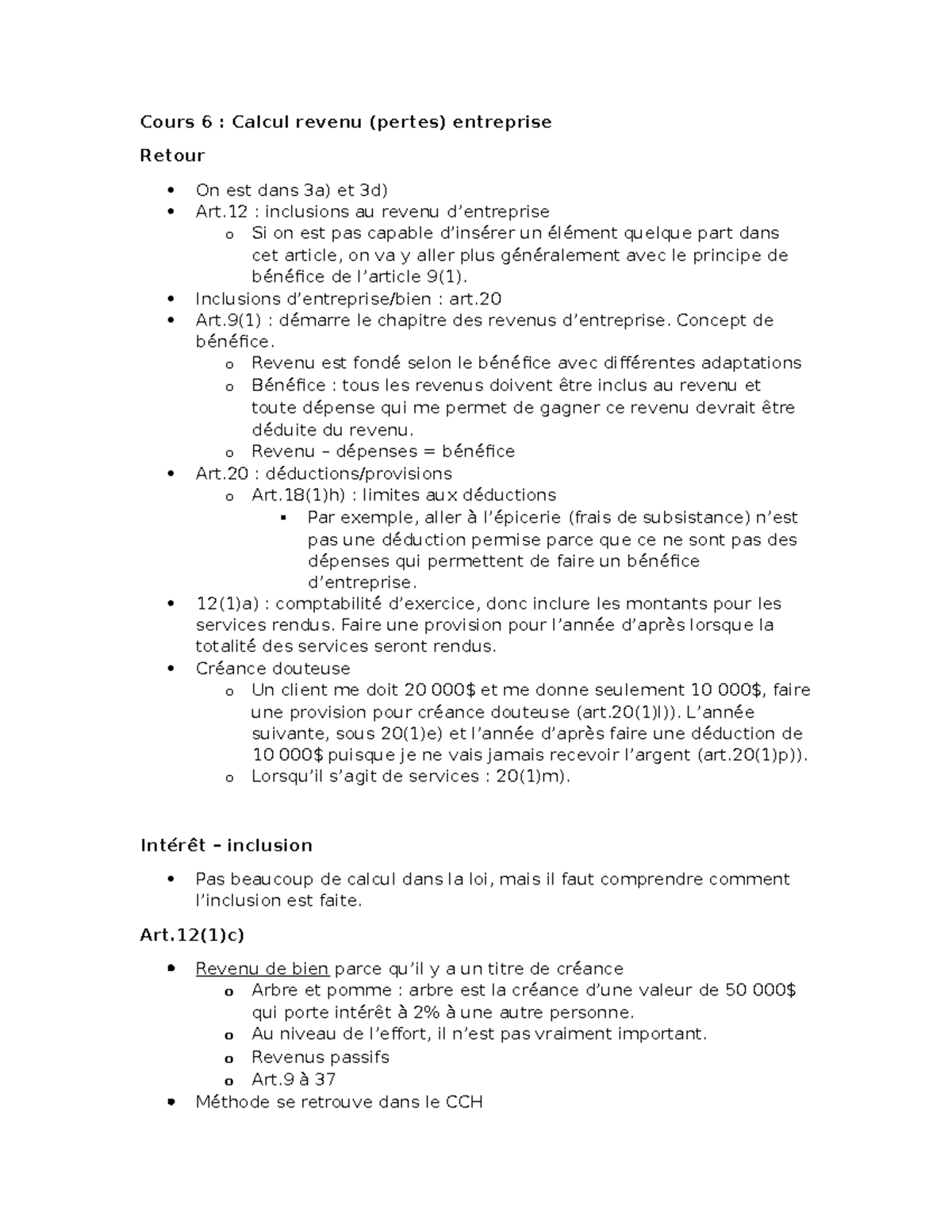 Droit fiscal - Cours 6 - Cours 6 : Calcul revenu (pertes) entreprise ...