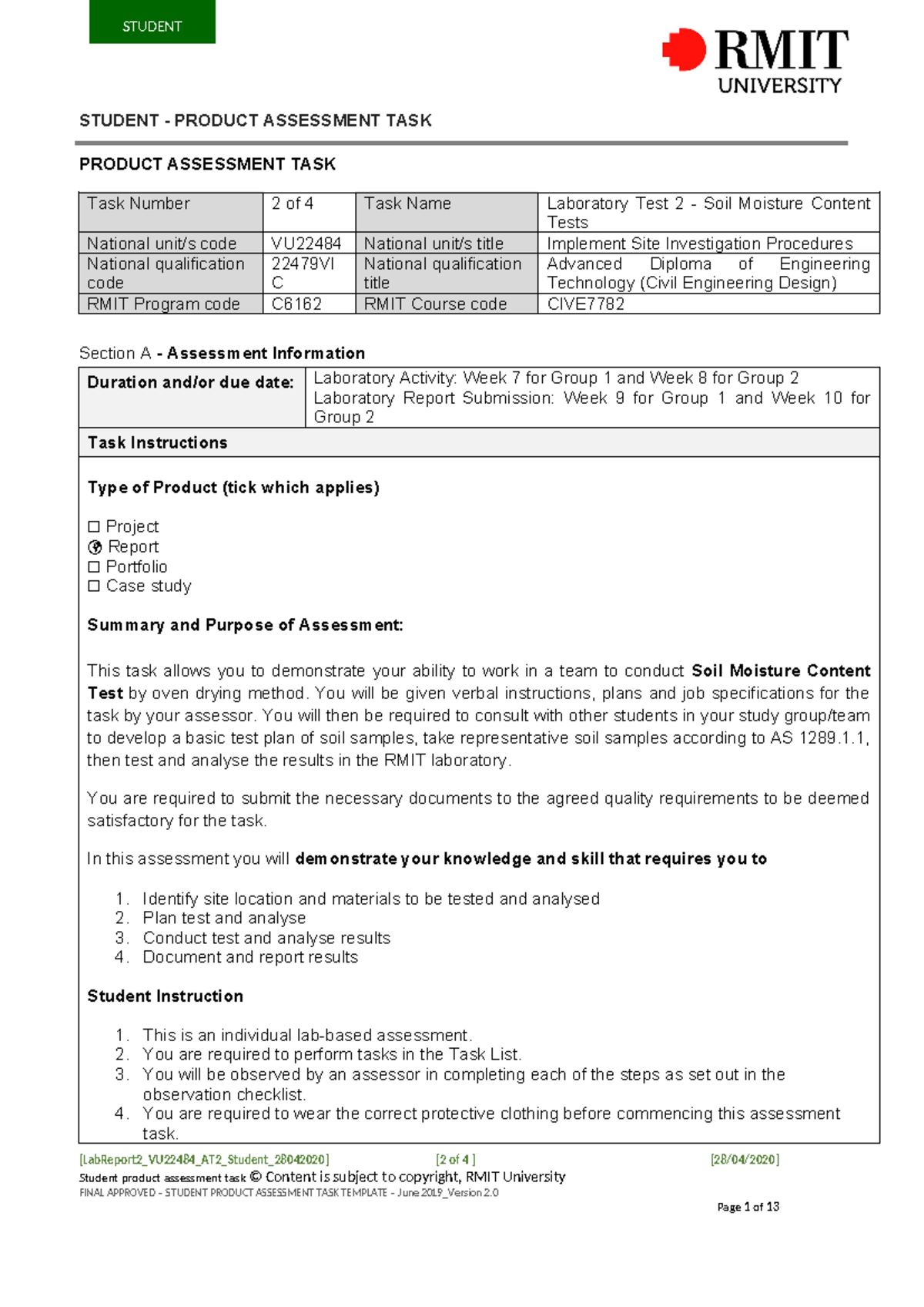 Soil moisture CIVE7782 VU22484 AT2 MCT DATA - STUDENT - PRODUCT ASSESSMENT TASK PRODUCT ...